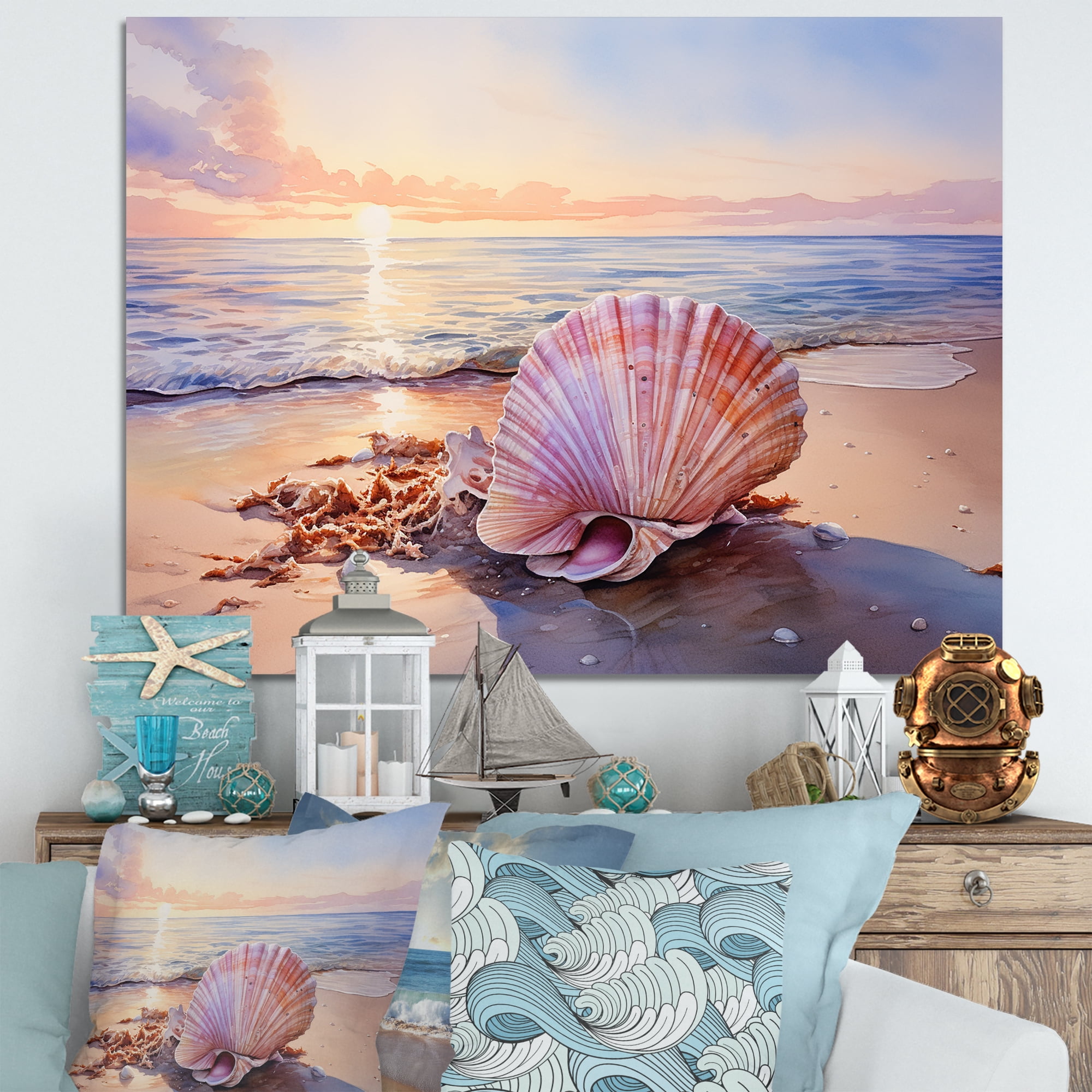 Designart "Coastal Treasures Sunset Seashell Collection II" Coastal ...