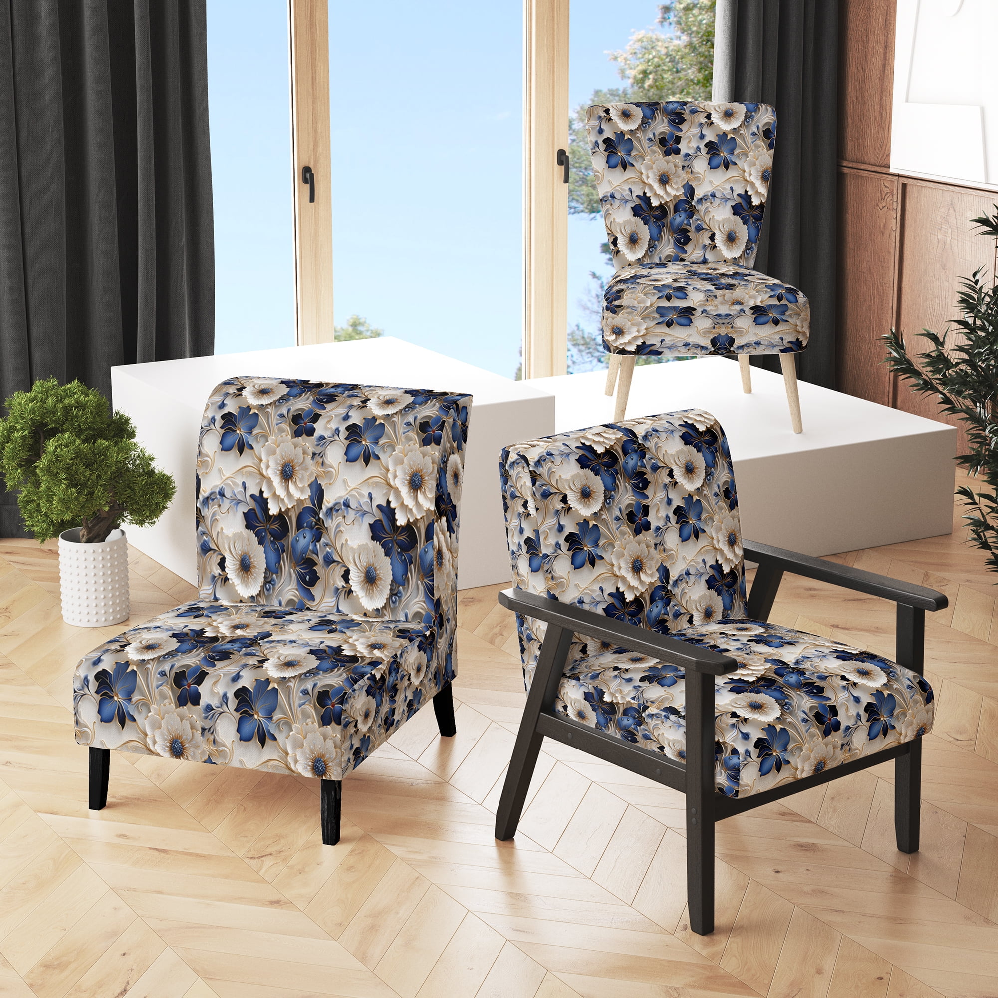 Designart "Cobalt Blue Filigree Flourish" Blue Floral Upholstered ...