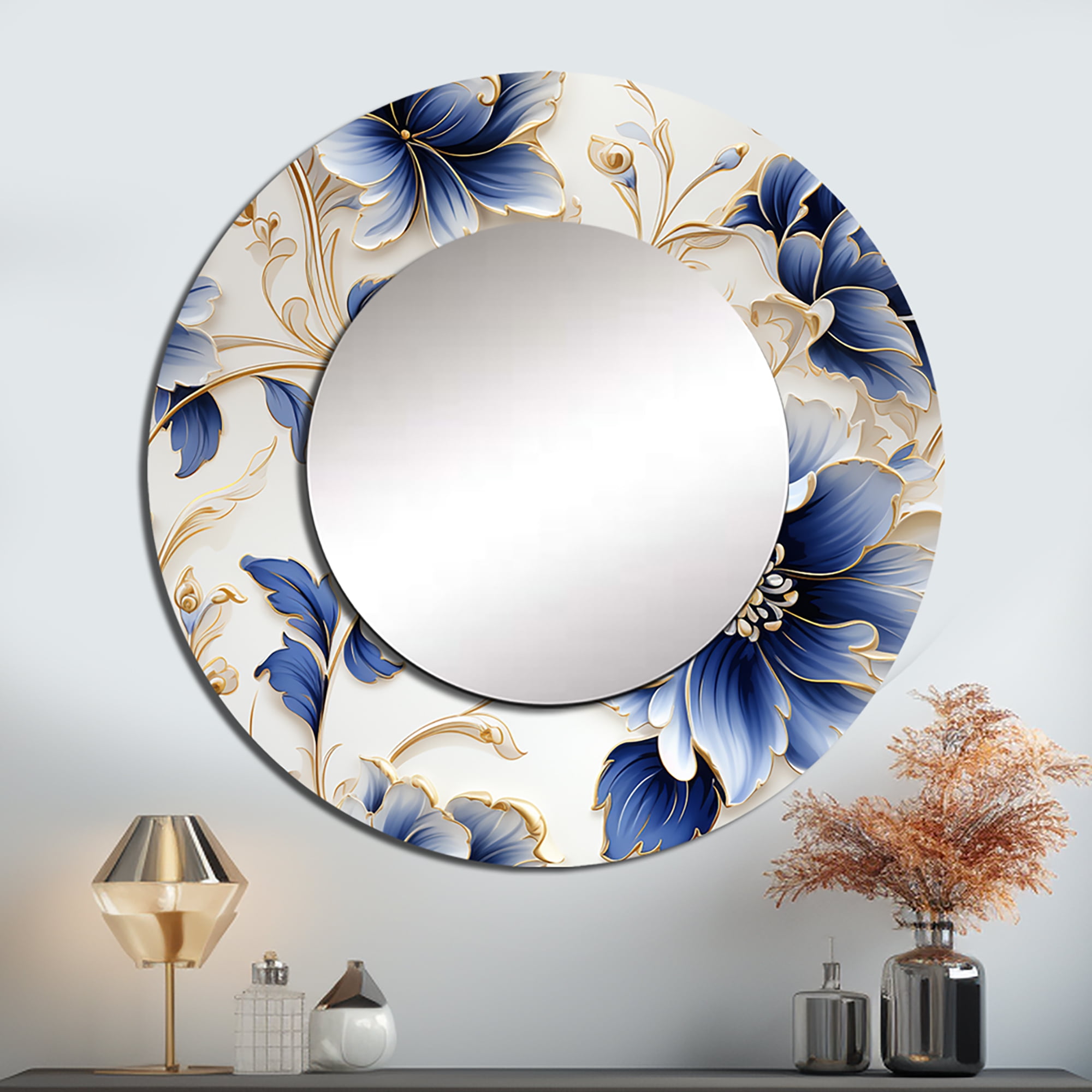 Designart "Cobalt Blue Filigree Flourish I" Floral Blue Large Round ...
