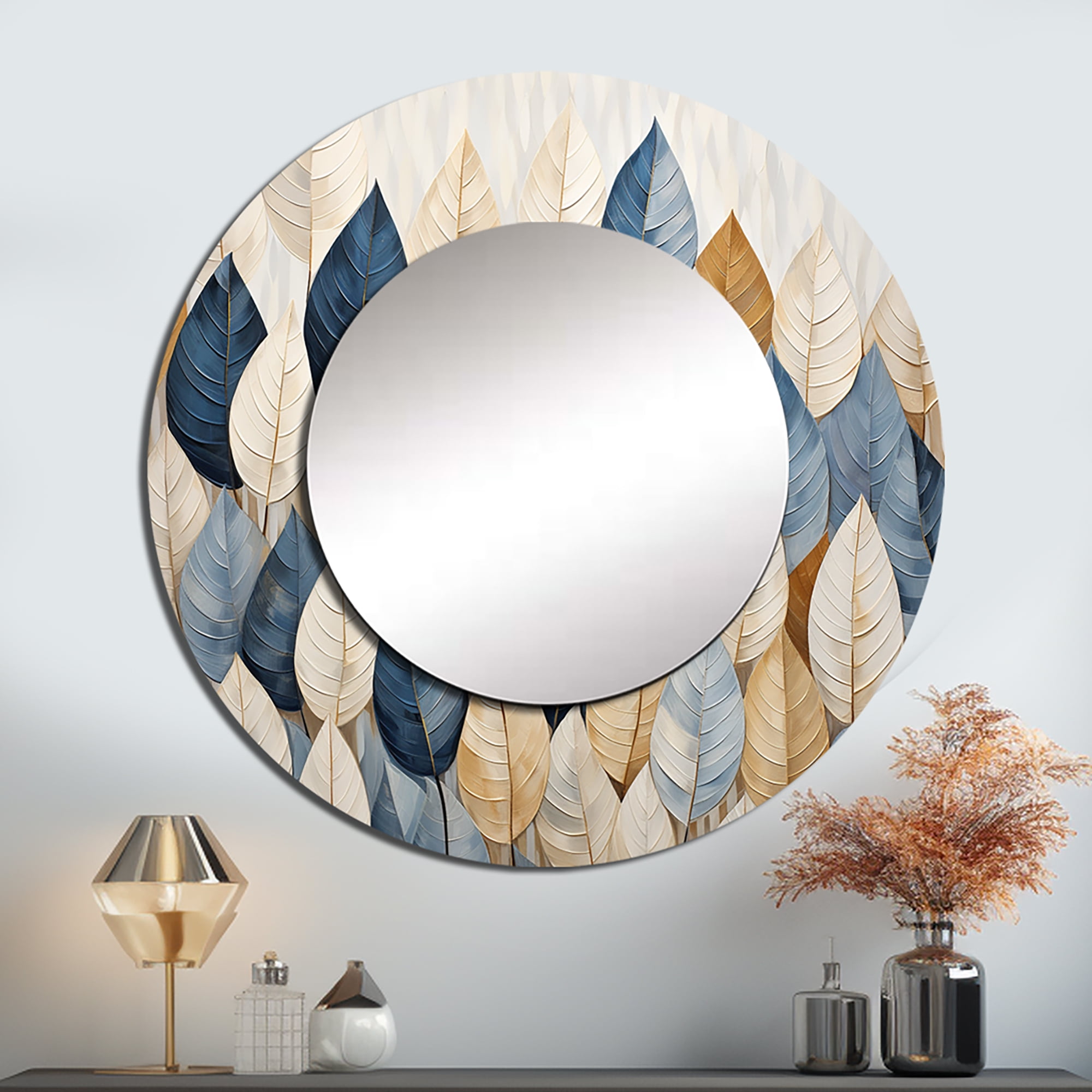Designart "Collage of Beige and Blue Minimalism Leaves I" Leaves Round ...