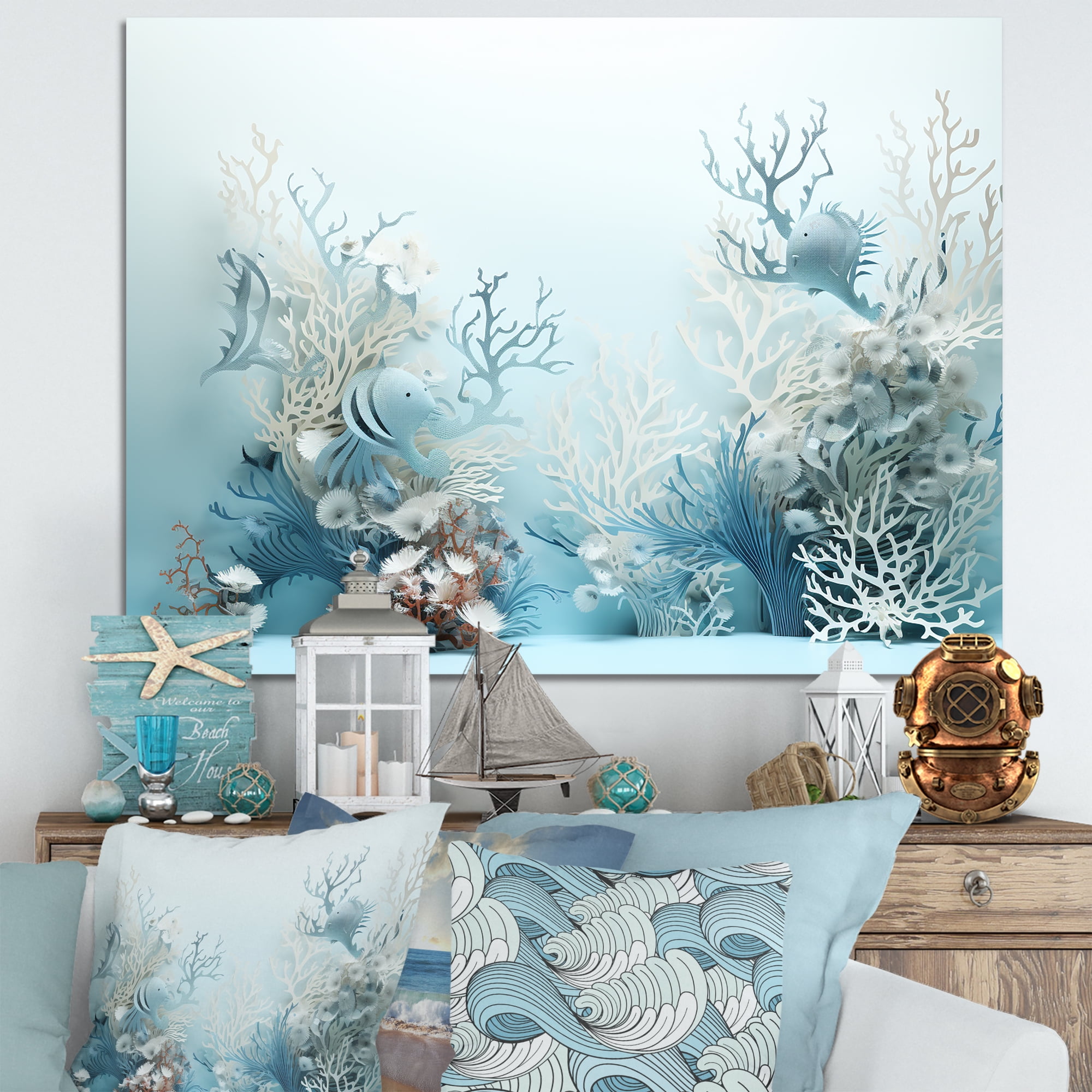 Designart "Collage Of Azure And Ivory Sea Dragons Dance I" Coastal ...