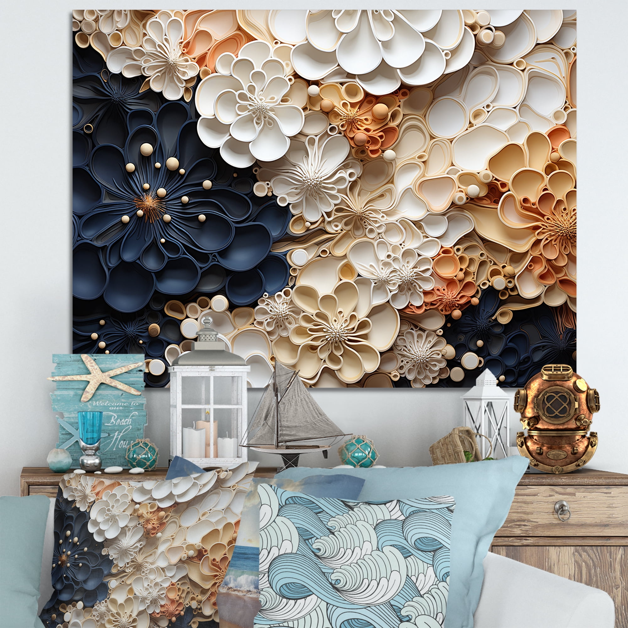 Designart "Collage Of Blue And White Coral Blossoms II" Coastal Coral ...