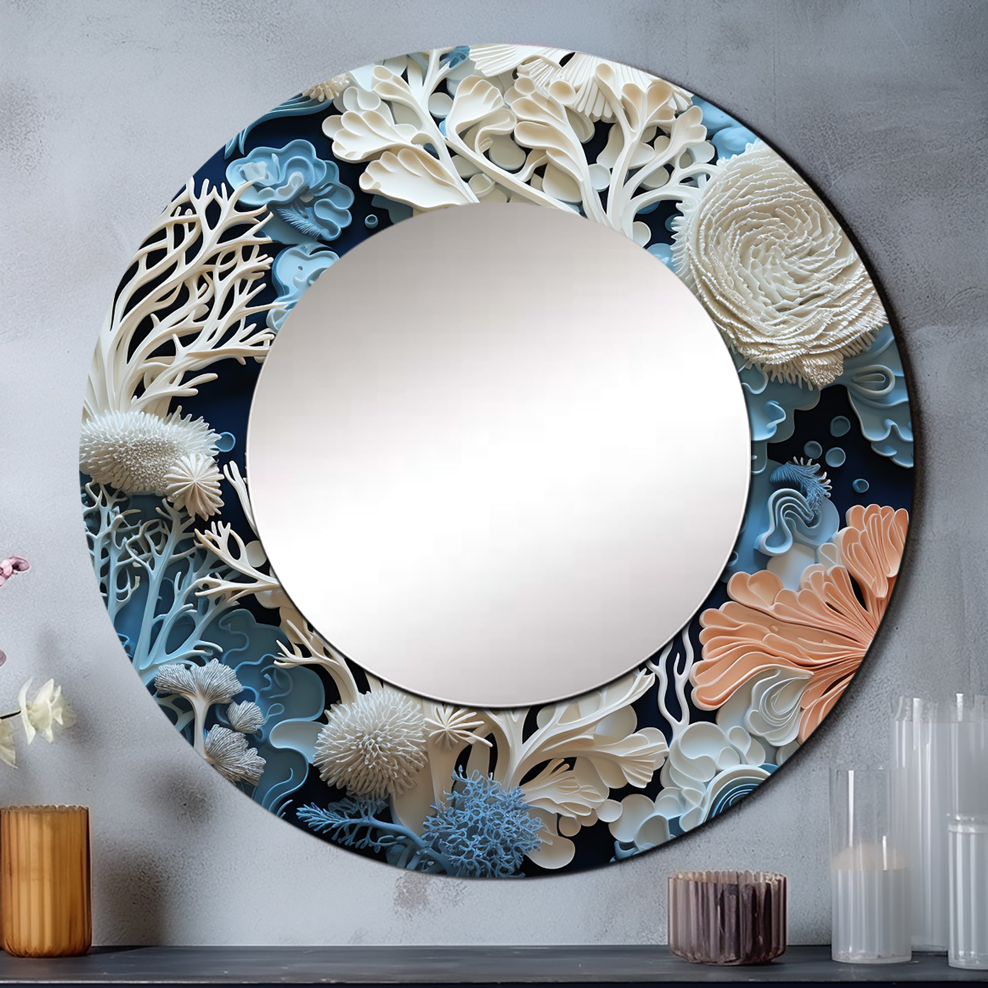 Designart "Collage Of Blue And White Underwater Corals" Coral Rund ...