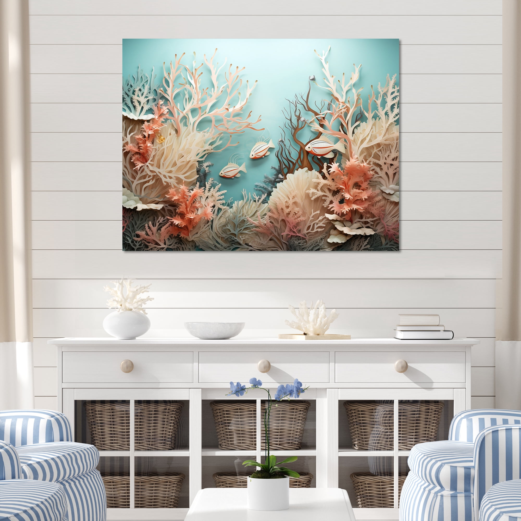 Designart "Collage Of Fish In Watercolor Dance" Coastal Coral Under ...