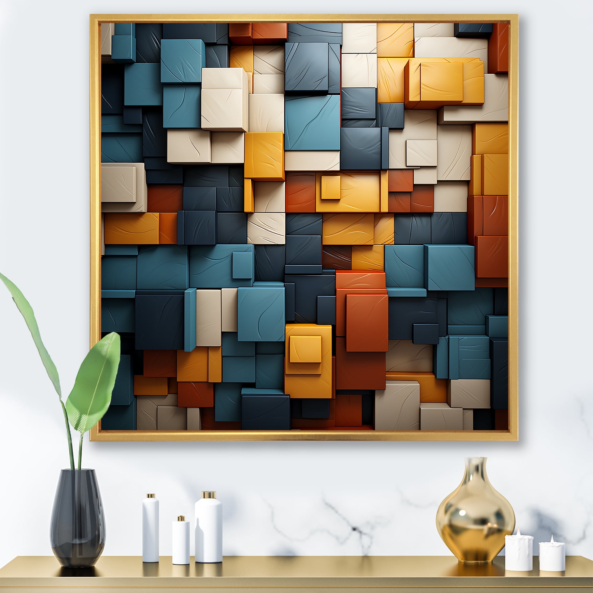Designart "Collage Of Tones In Cubist Harmony I" Cubism Floater Framed ...