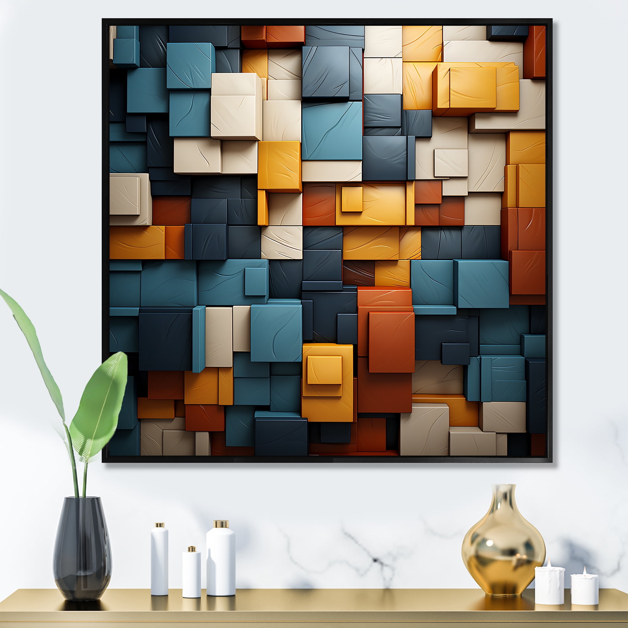 Designart "Collage Of Tones In Cubist Harmony I" Cubism Floater Framed ...