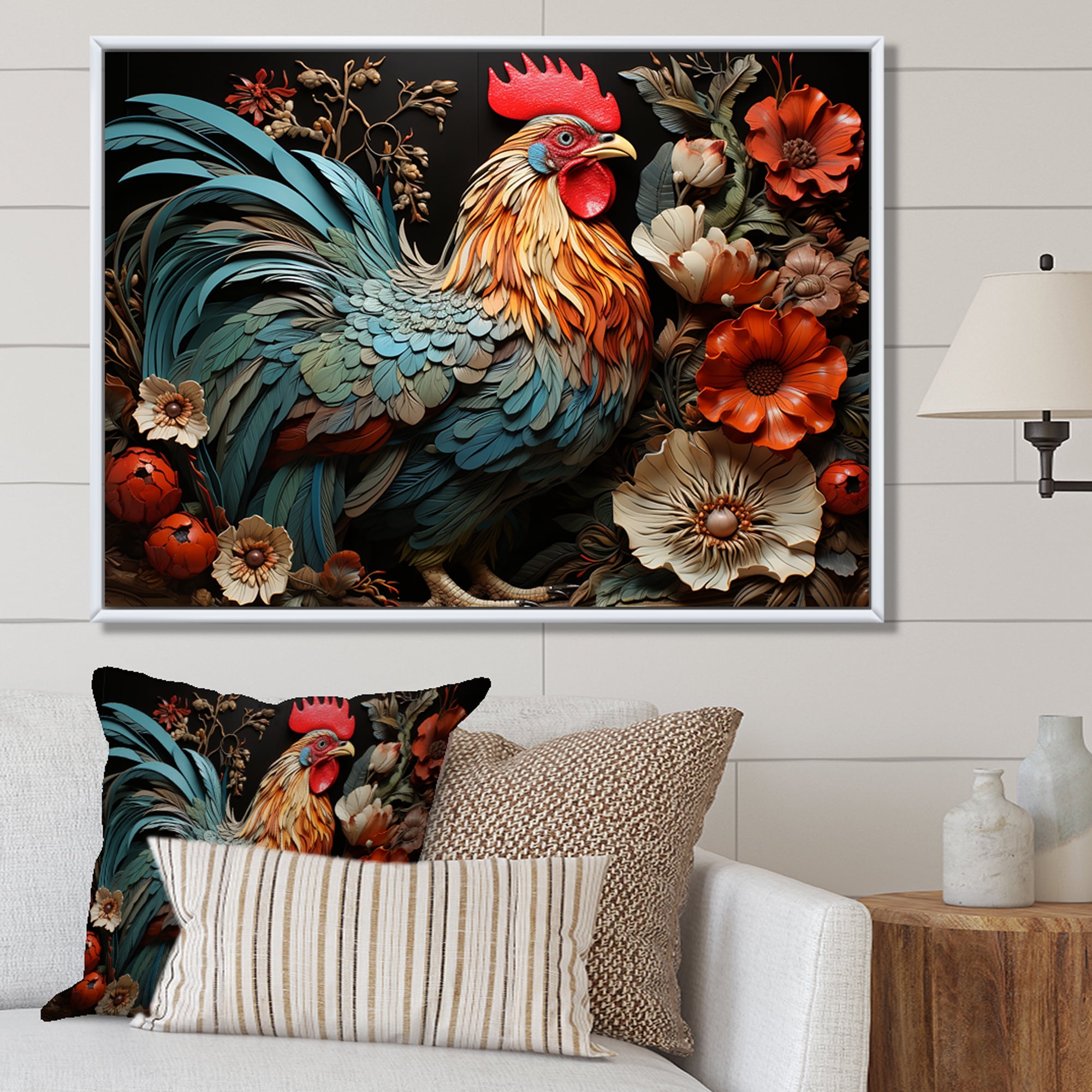 Designart "Collage of Modern Rooster I" Animals Framed Wall Art ...