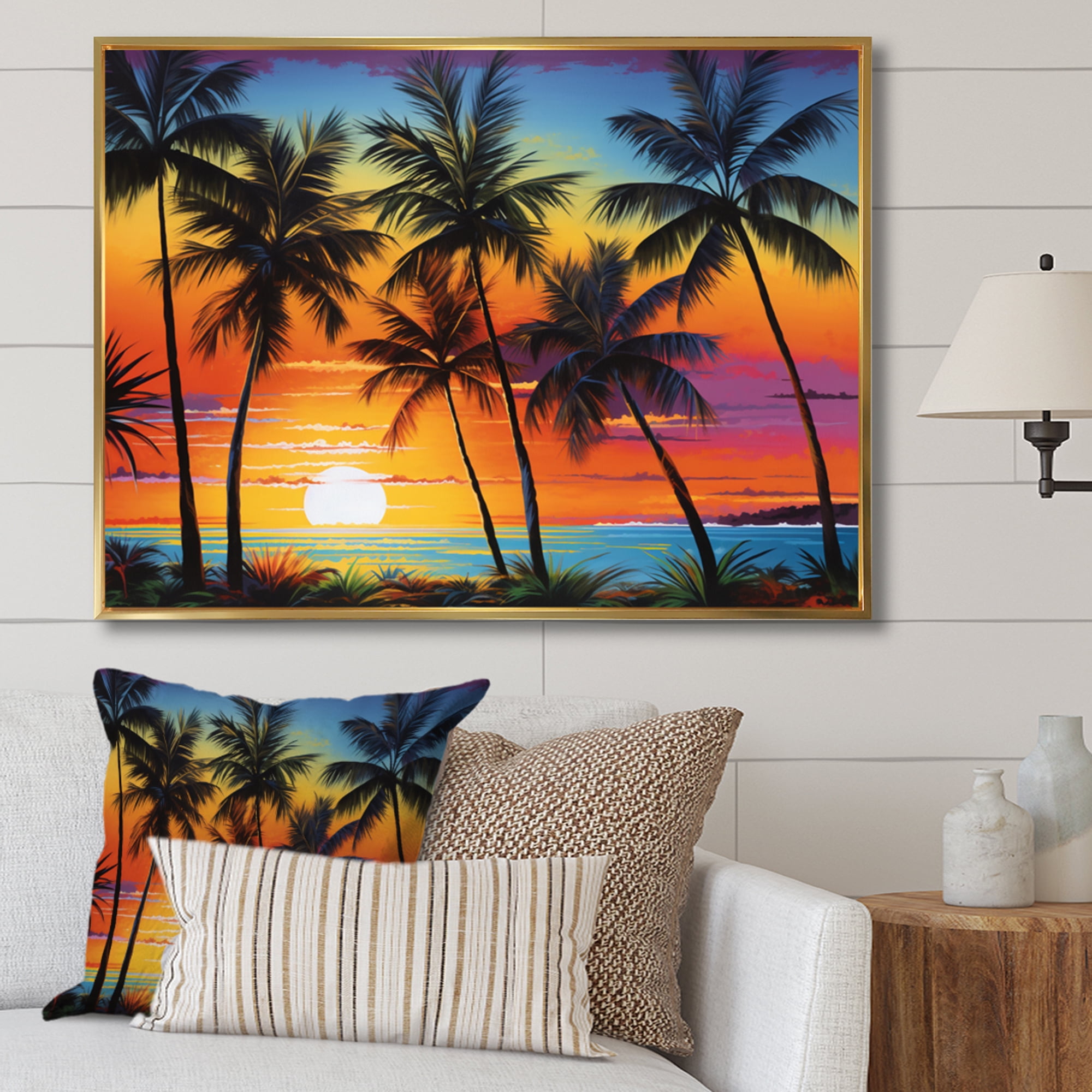Designart "Colorful Bold Palm Trees horizon IV" Palm Trees Floater ...