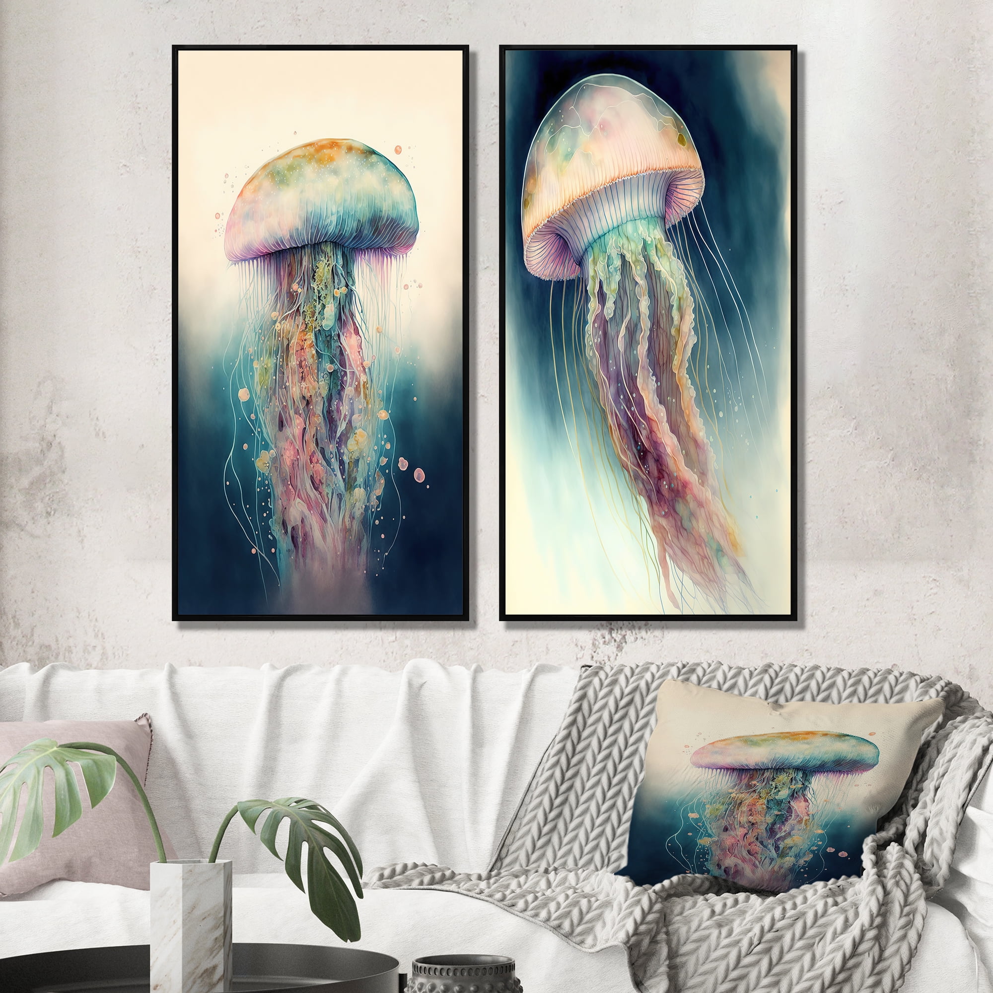 Designart "Colorful Deepsea Jellyfish Display I" Animal Fish Framed Wall Art Set Of 2 - Children ...