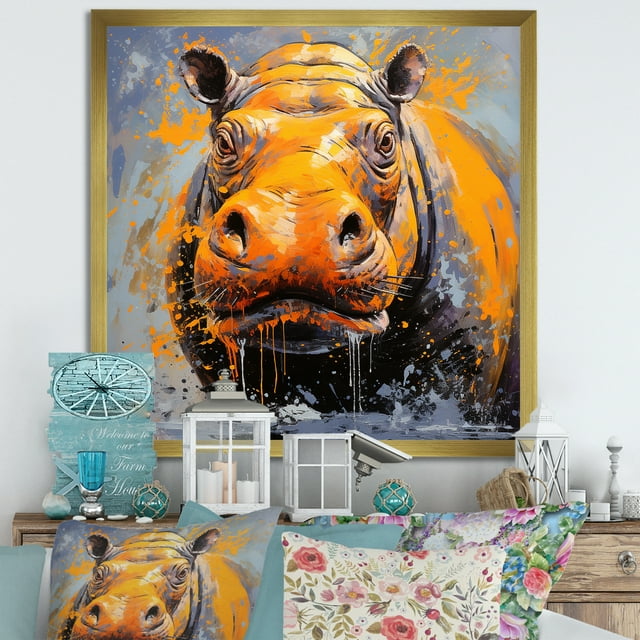 Designart "Colorful Hippo Harmony in Yellow" Animals Framed Wall Art ...