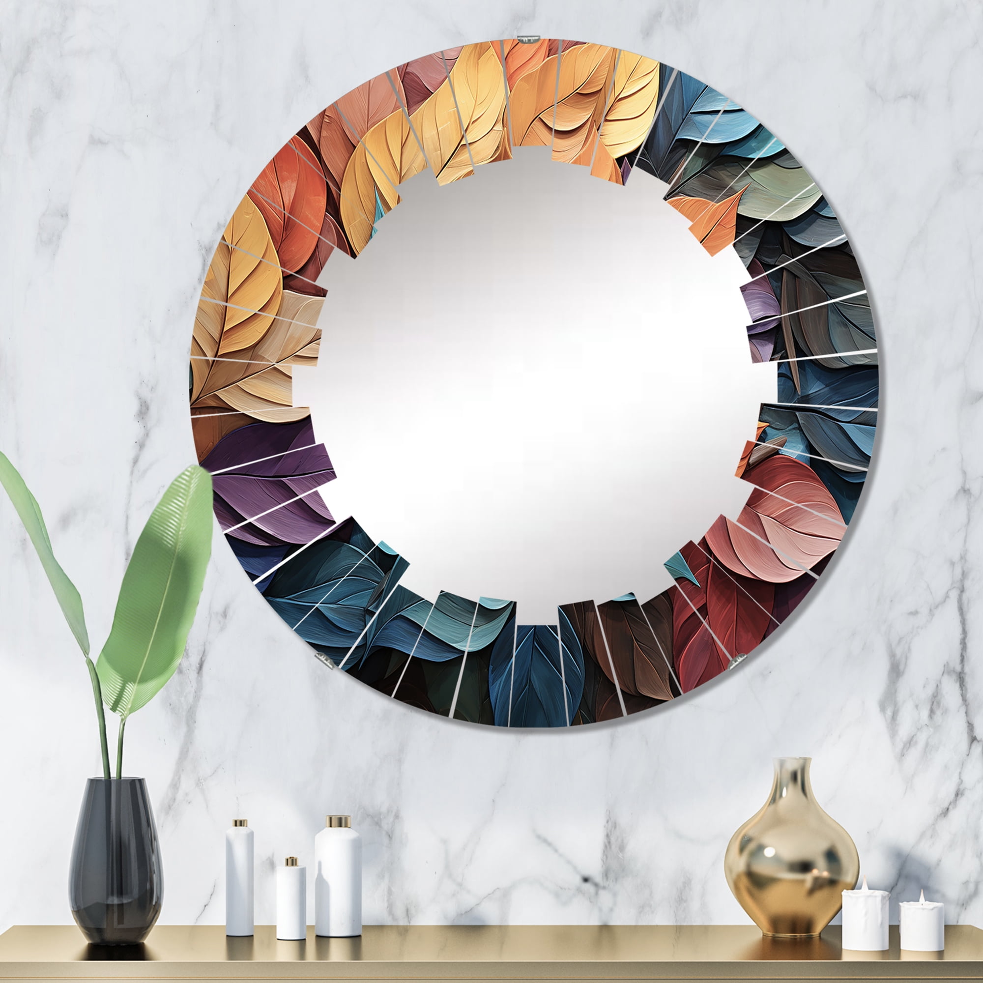 Designart "Colorful Leaves composition I" Modern Round Wall Mirror ...