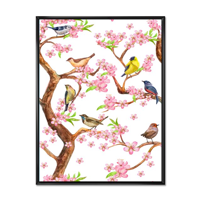 Designart 'Colorful Little Birds On Spring Flowers Tree' Traditional ...