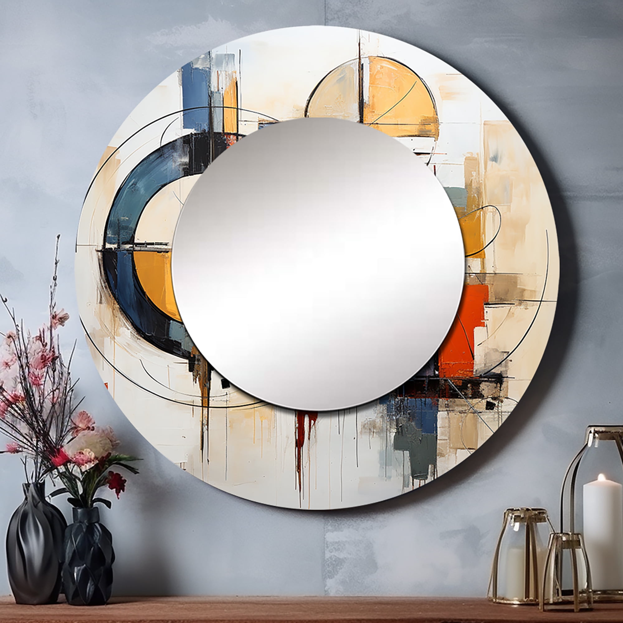 Designart "Colorful Mid Century modern Fusion I" Abstract Round Mirror ...