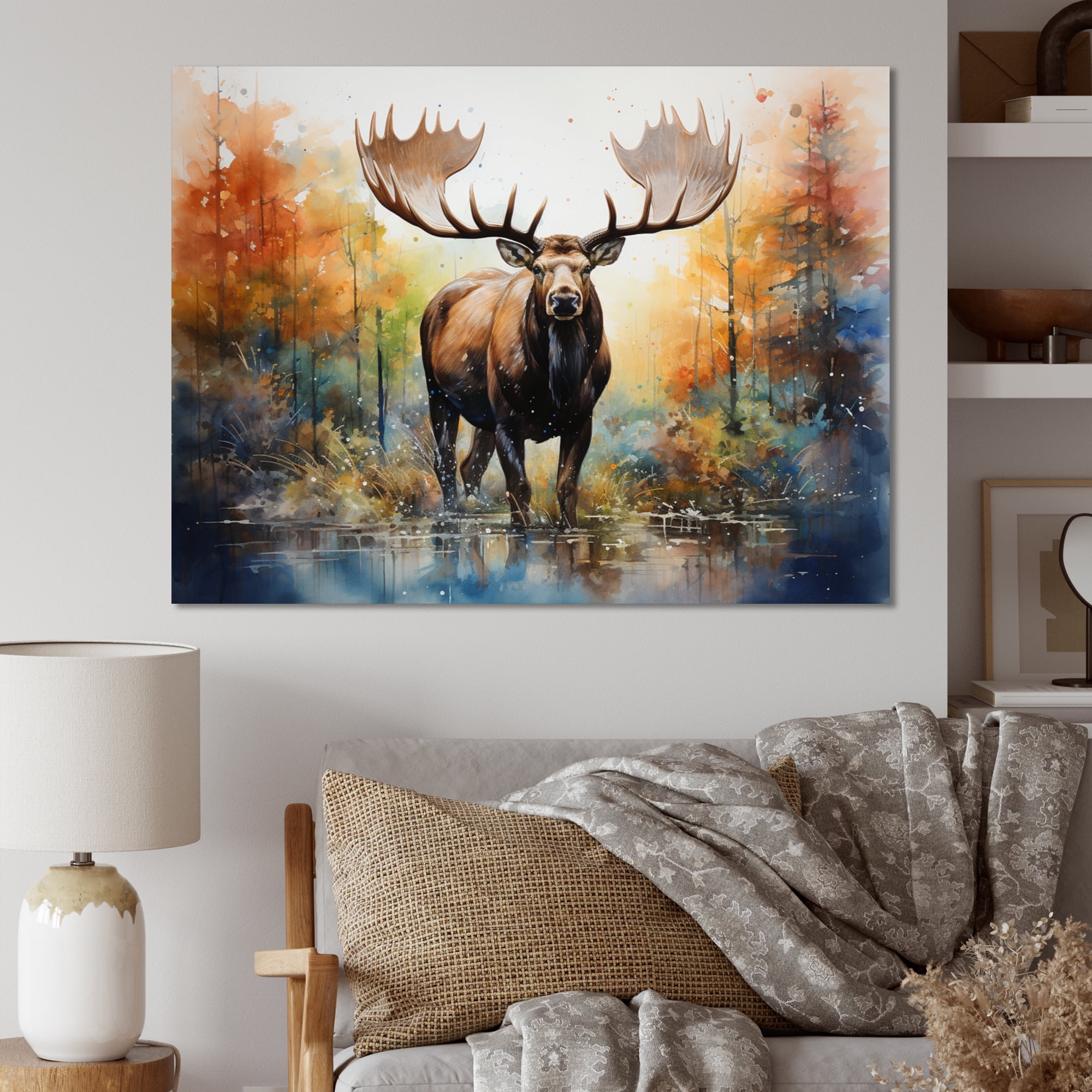 Designart "Colorful Moose Majestic painting" Animals Wall Art Print ...
