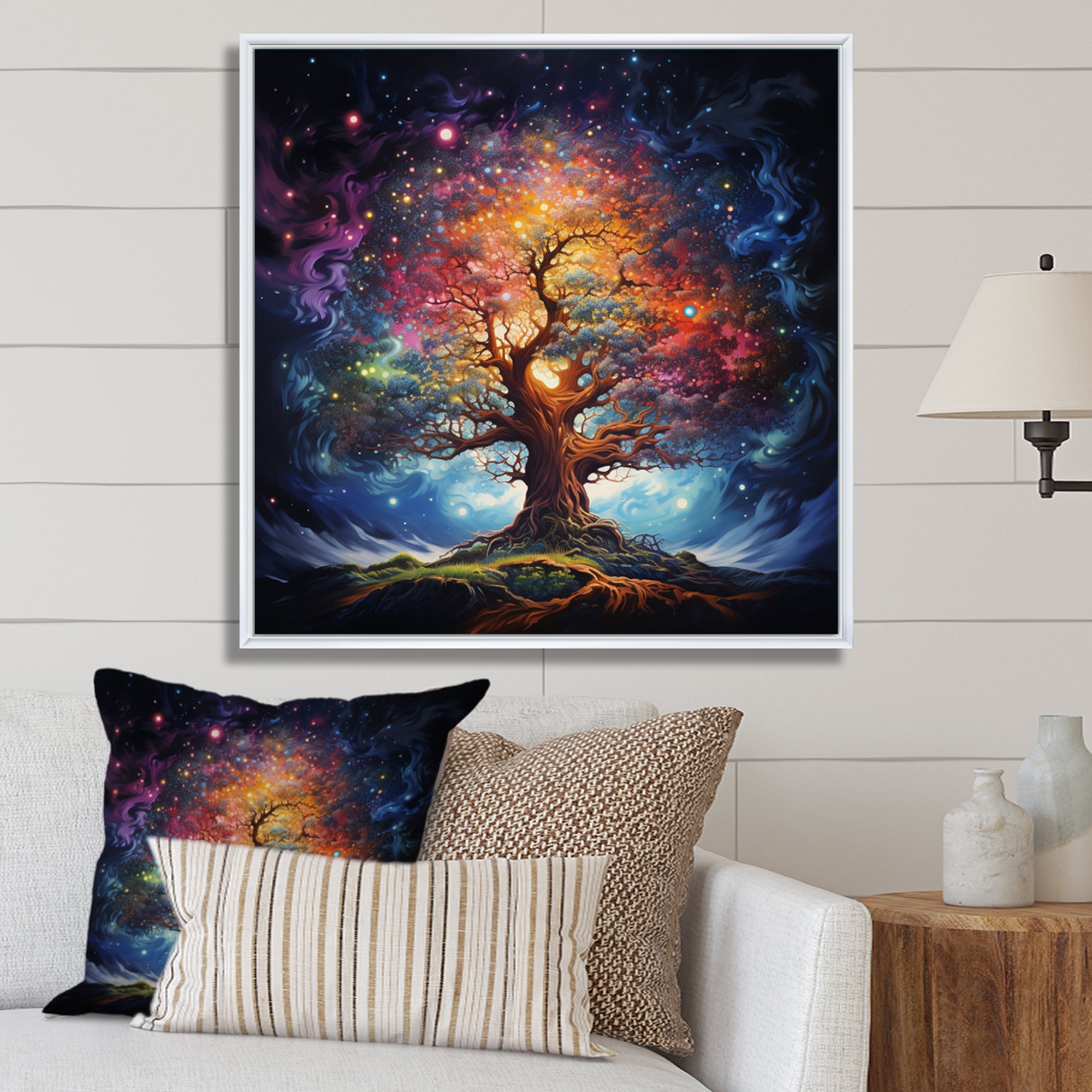 Designart "Colorful Oak Tree magic Strength II" Tree Oak Floater Framed ...