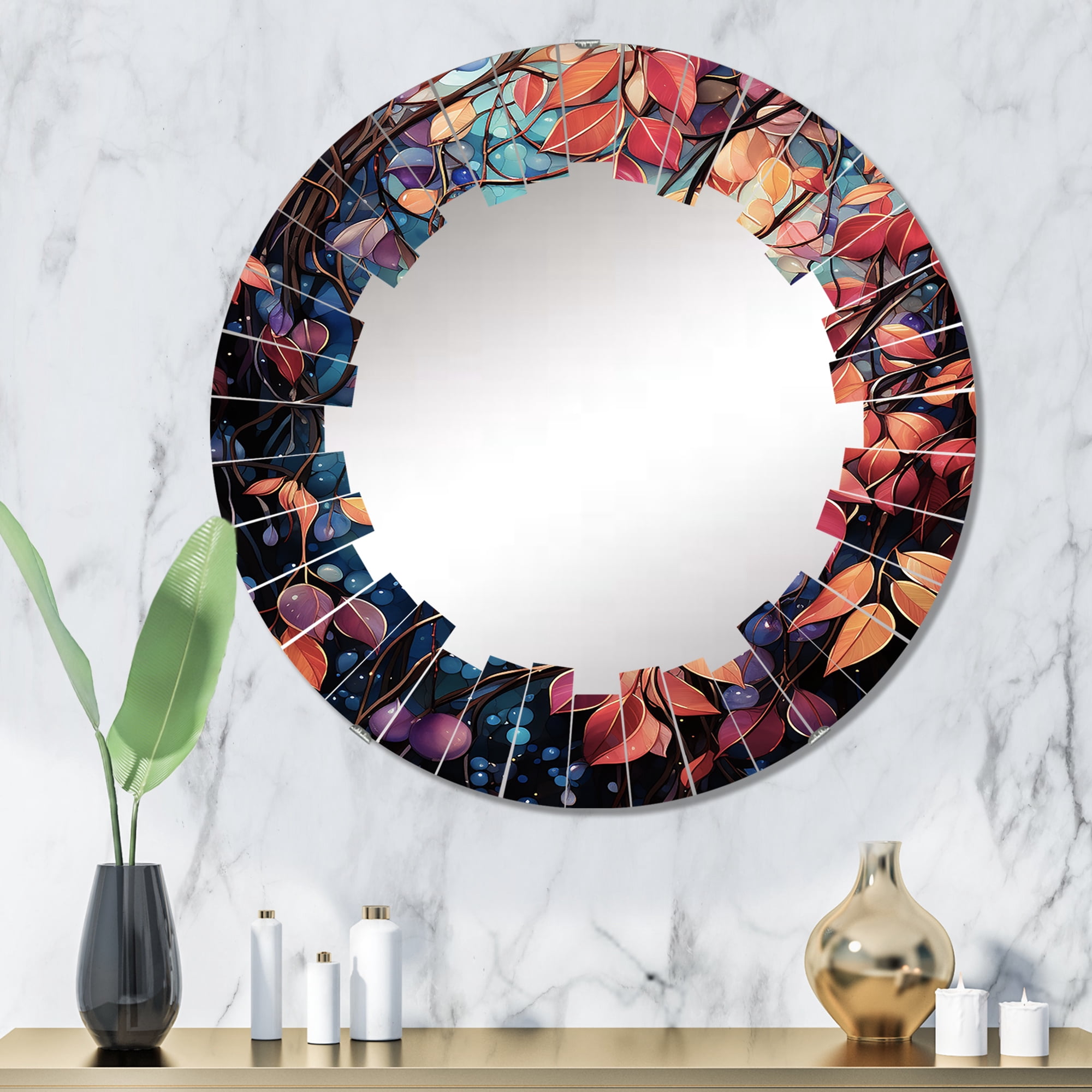 Designart "Colorful Vibrant Vines II" Abstract Round Wall Mirror ...