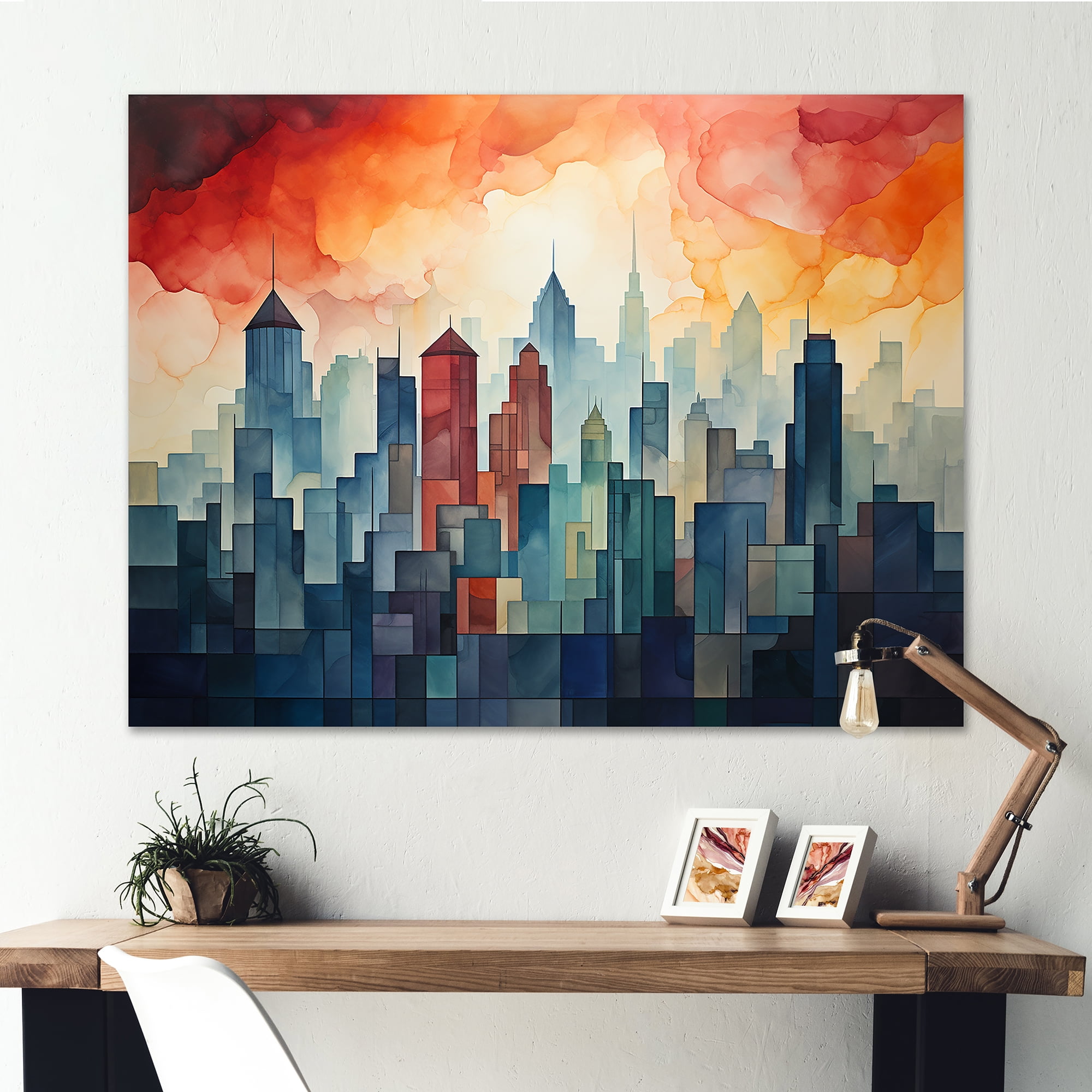 Designart "Colorful Watercolor Cityscape II" Extra Large Cityscapes Wall Art - Industrial ...