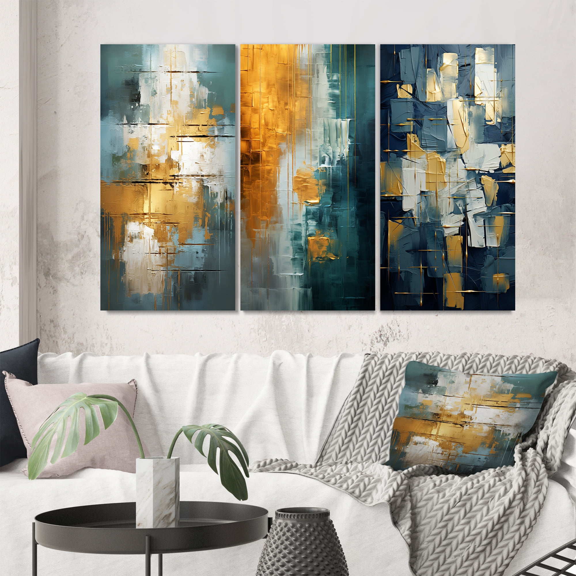 Designart "Comfort in Glory Blue Abstract Expressionism III" Abstract Painting Wall Art Set Of 3 ...
