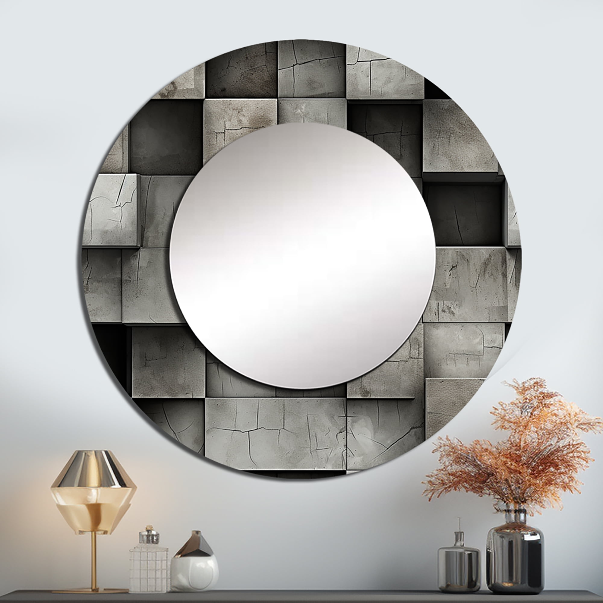 Designart "Concrete Wall Optical Art" Brick Rund Mirror For Wall Decor ...