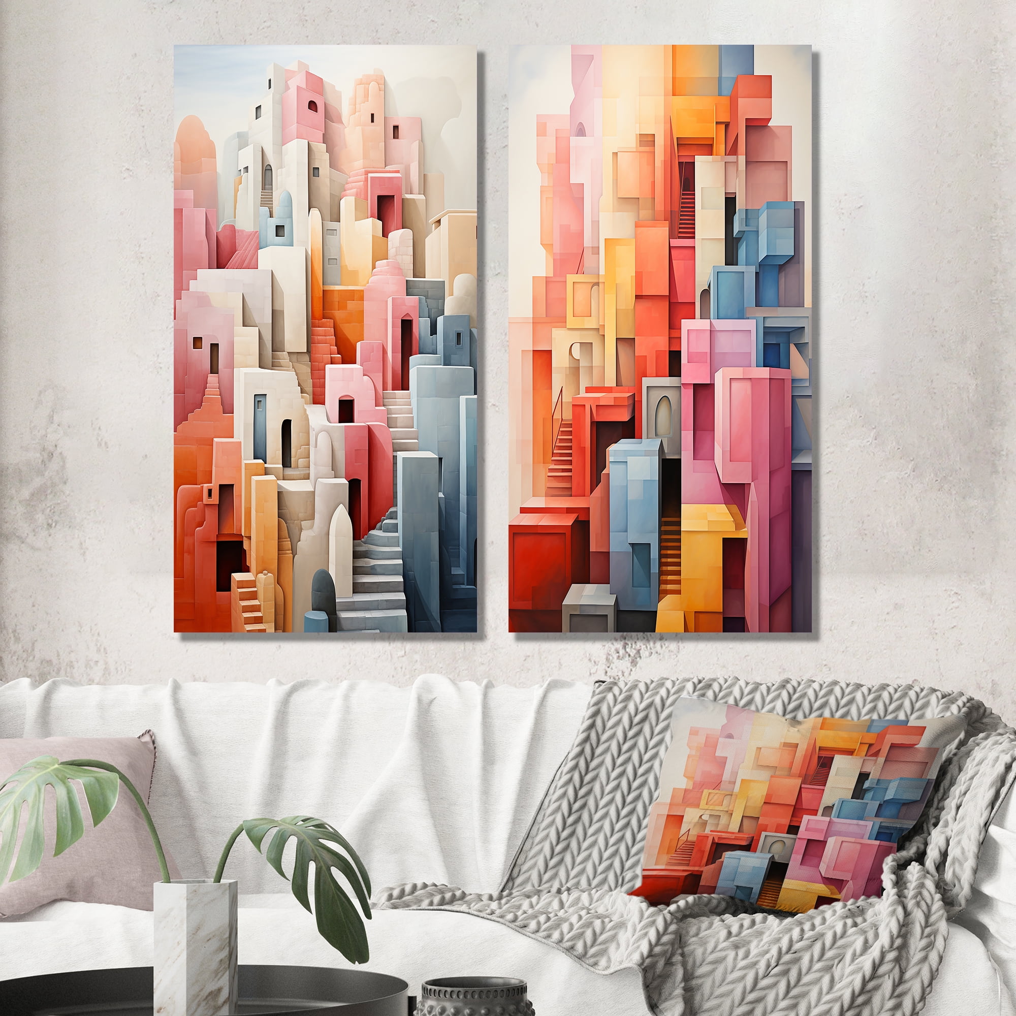 Designart "Constructed Horizons in Constructivism IX" Constructivism Wall Art Set Of 2 - Orange ...