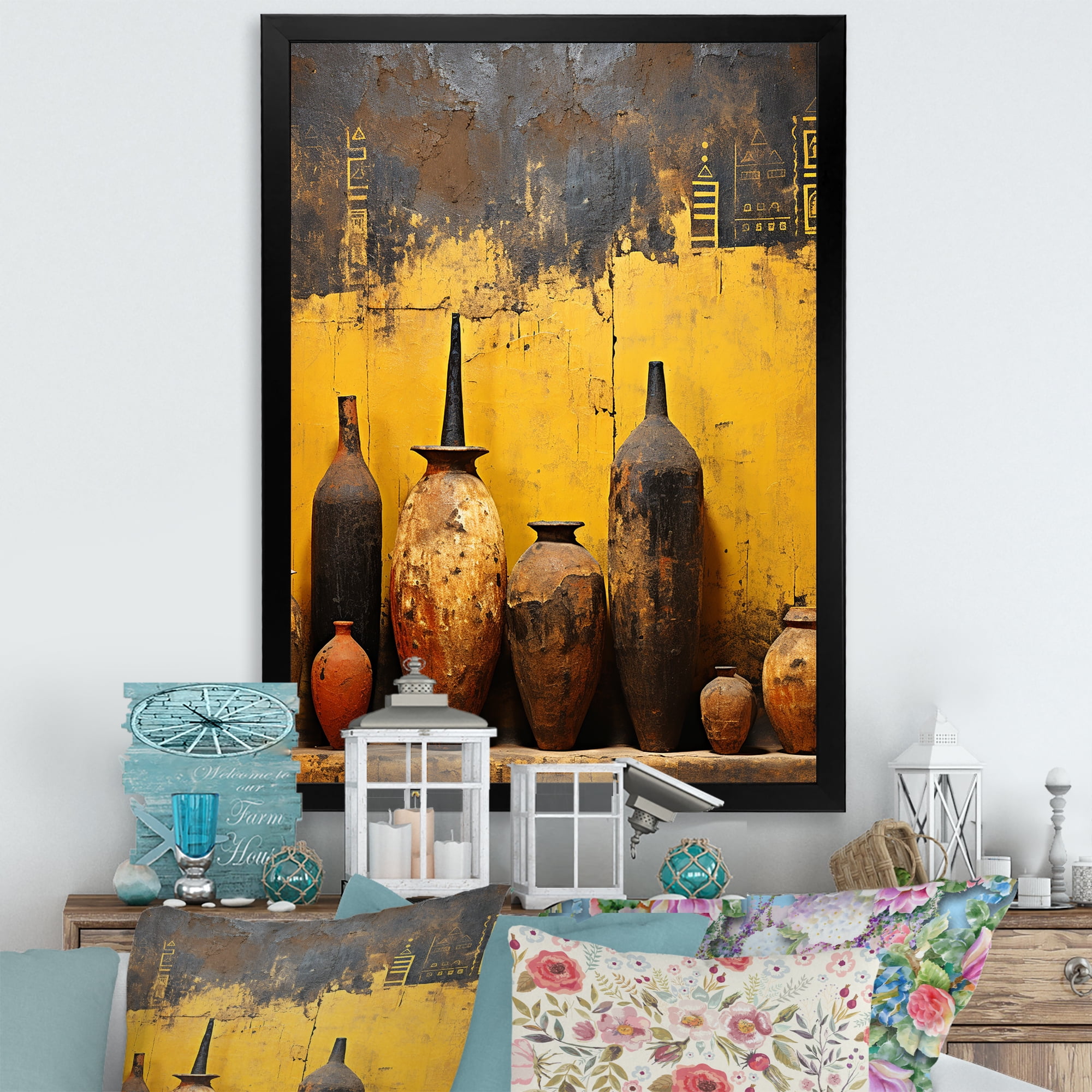 Designart "Contemporary Artistry in Yellow Pottery" Geometric Framed ...