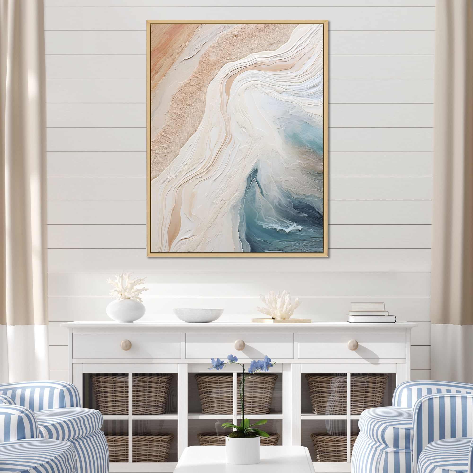 Designart "Contemporary Azure And Taupe Sands From Above" Coastal Beach ...