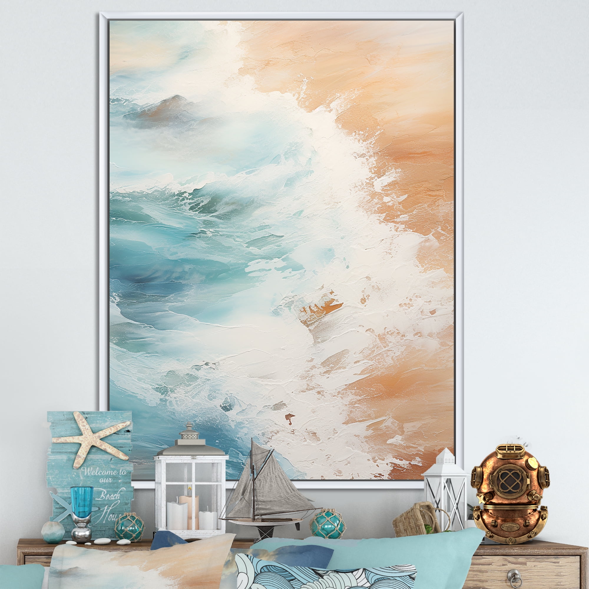 Designart "Contemporary Azure And Taupe Sands From Above II" Coastal ...