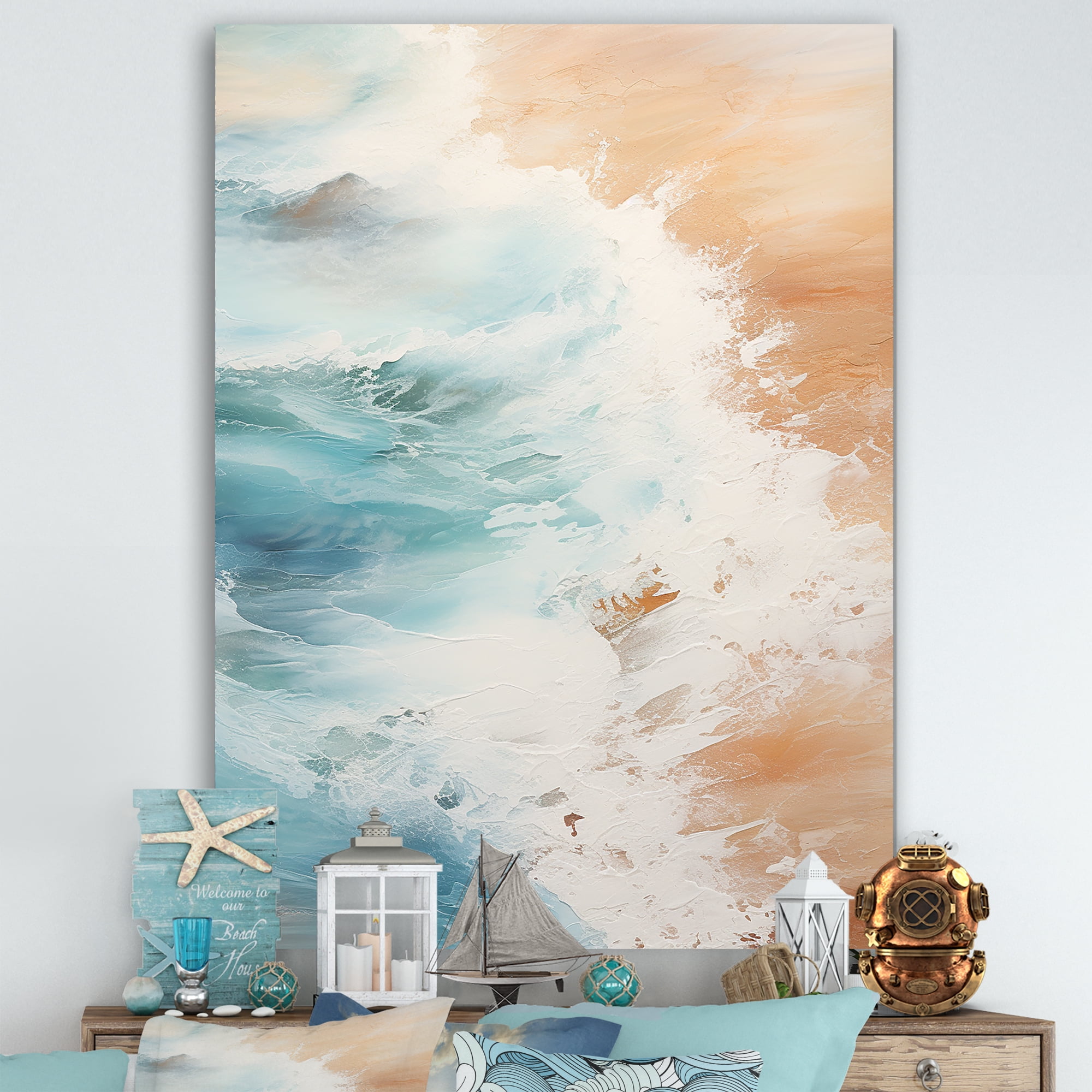 Designart "Contemporary Azure And Taupe Sands From Above II" Coastal ...