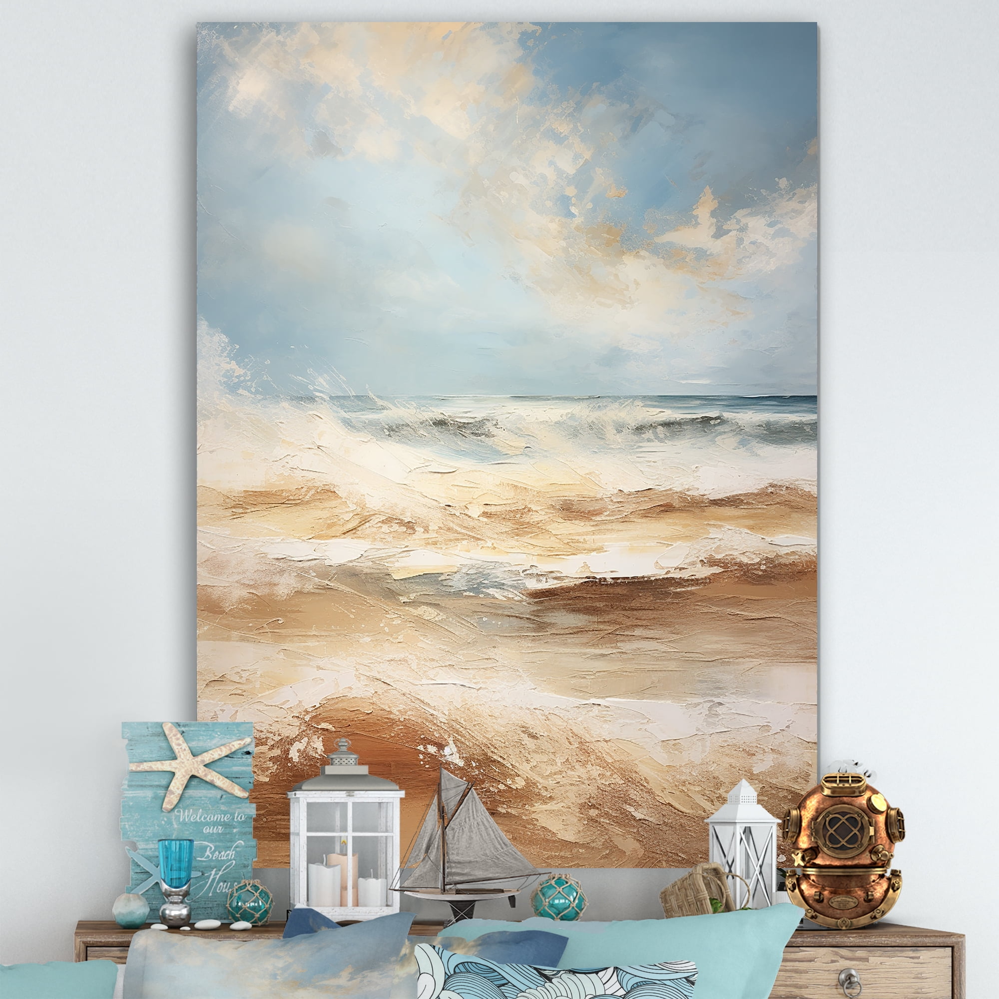 Designart "Contemporary Beige And Gold River Scenery IV" Coastal Ocean ...