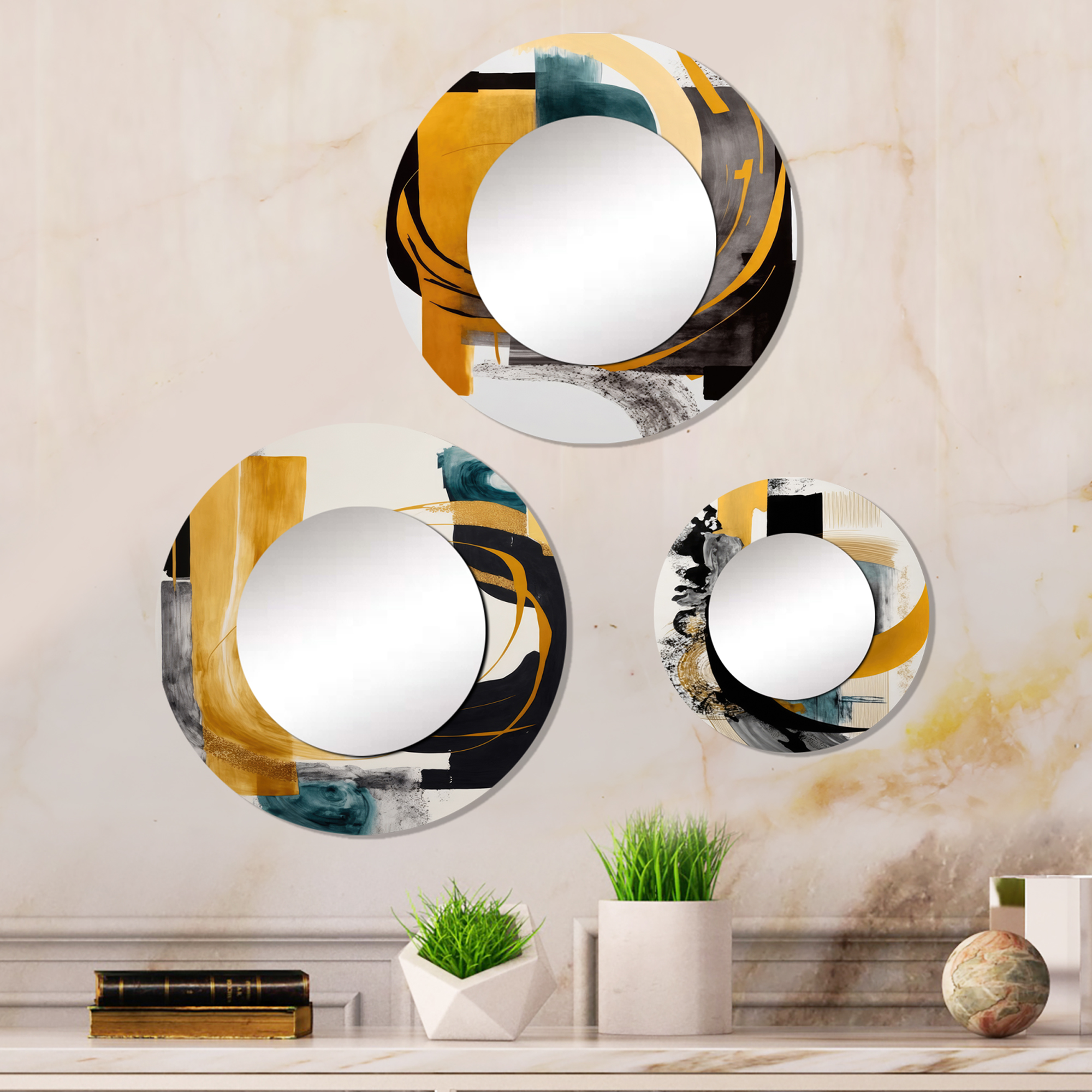 Designart "Contemporary Green Art Deco III" Modern Round Mirror Set Of ...