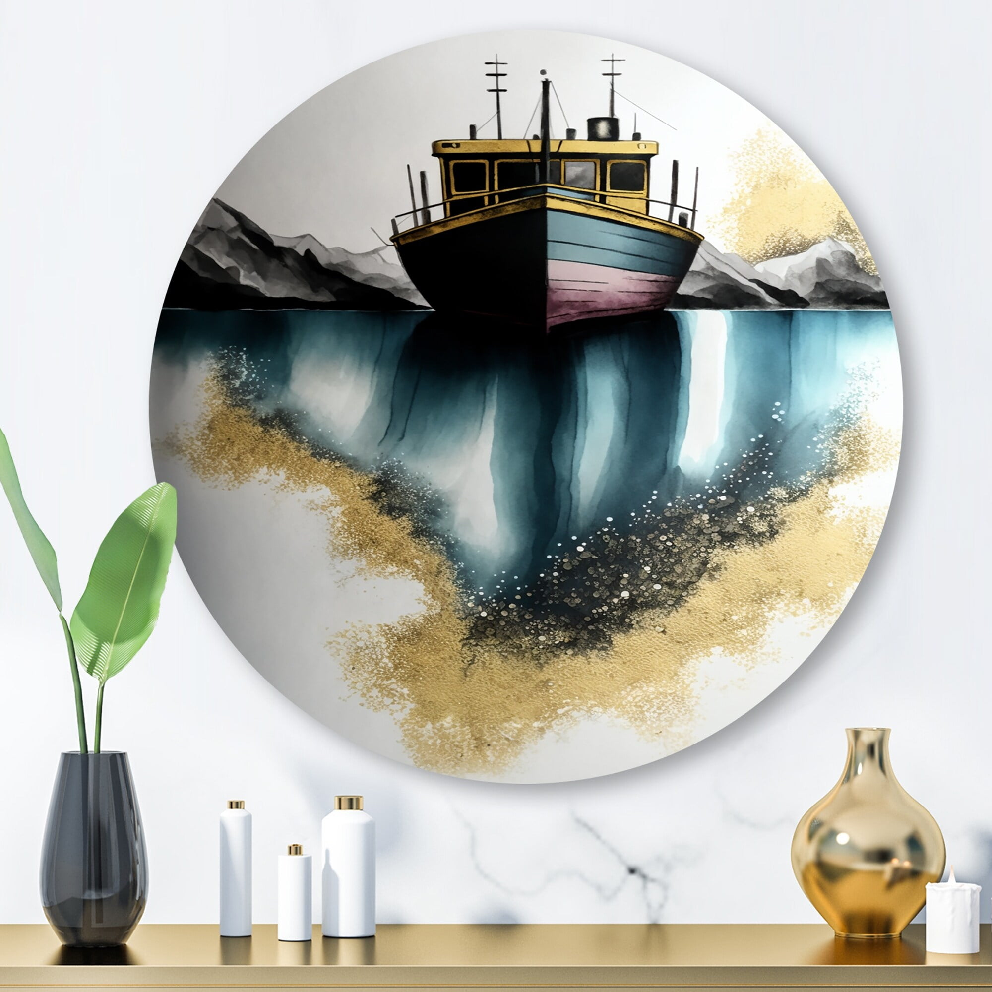 Designart "Contemporary Green Fishing Boat" Coastal Boat Round Metal ...