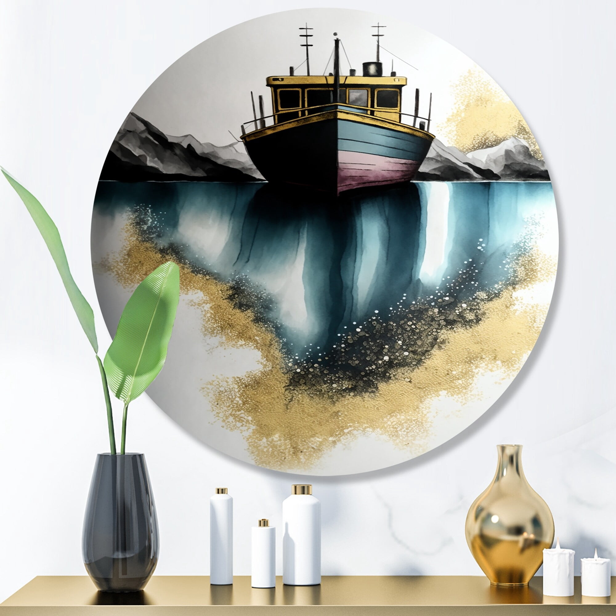 Designart "Contemporary Green Fishing Boat" Coastal Boat Round Metal ...