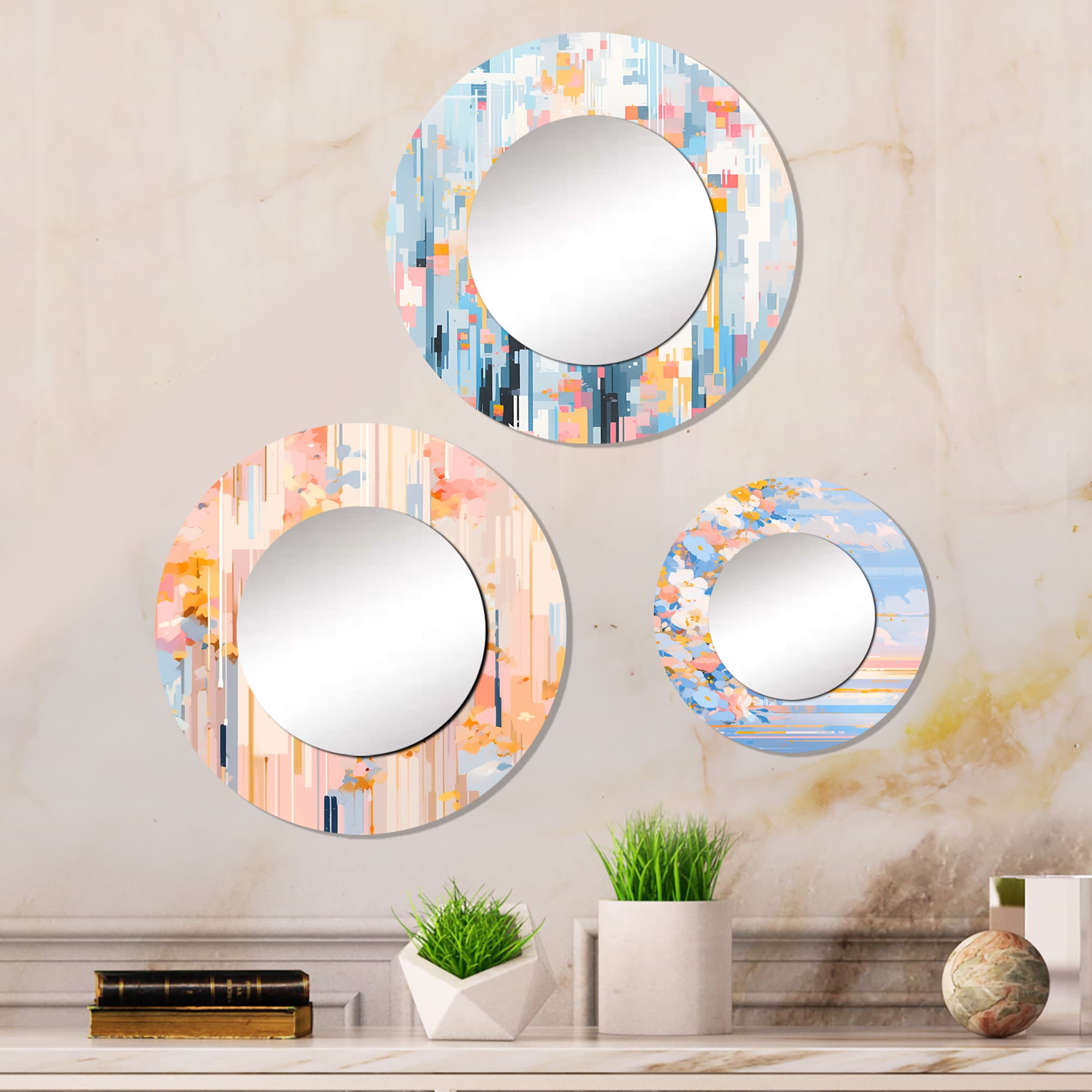 Designart "Contemporary Pink Cherry Blossom Lines" Cherry Round Mirror ...