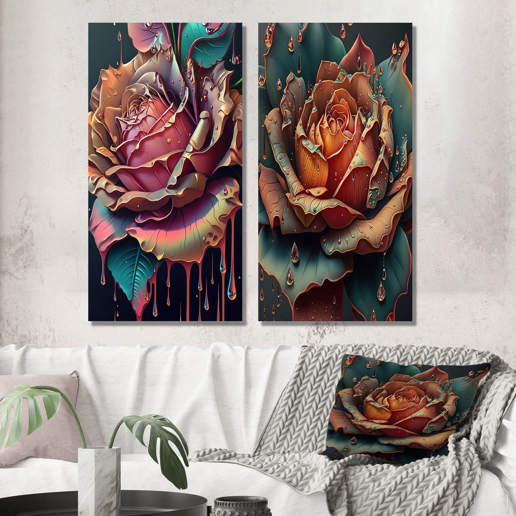 Designart "Contemporary Rose Blossom I" Rose Wall Art Set Of 2 - Pink ...