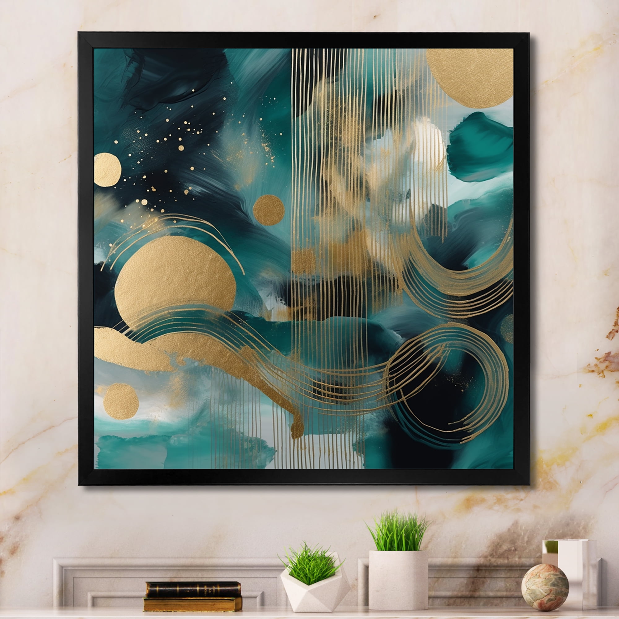 Designart "Contour Circles in Vivid Emerald and Gold III" Abstract ...