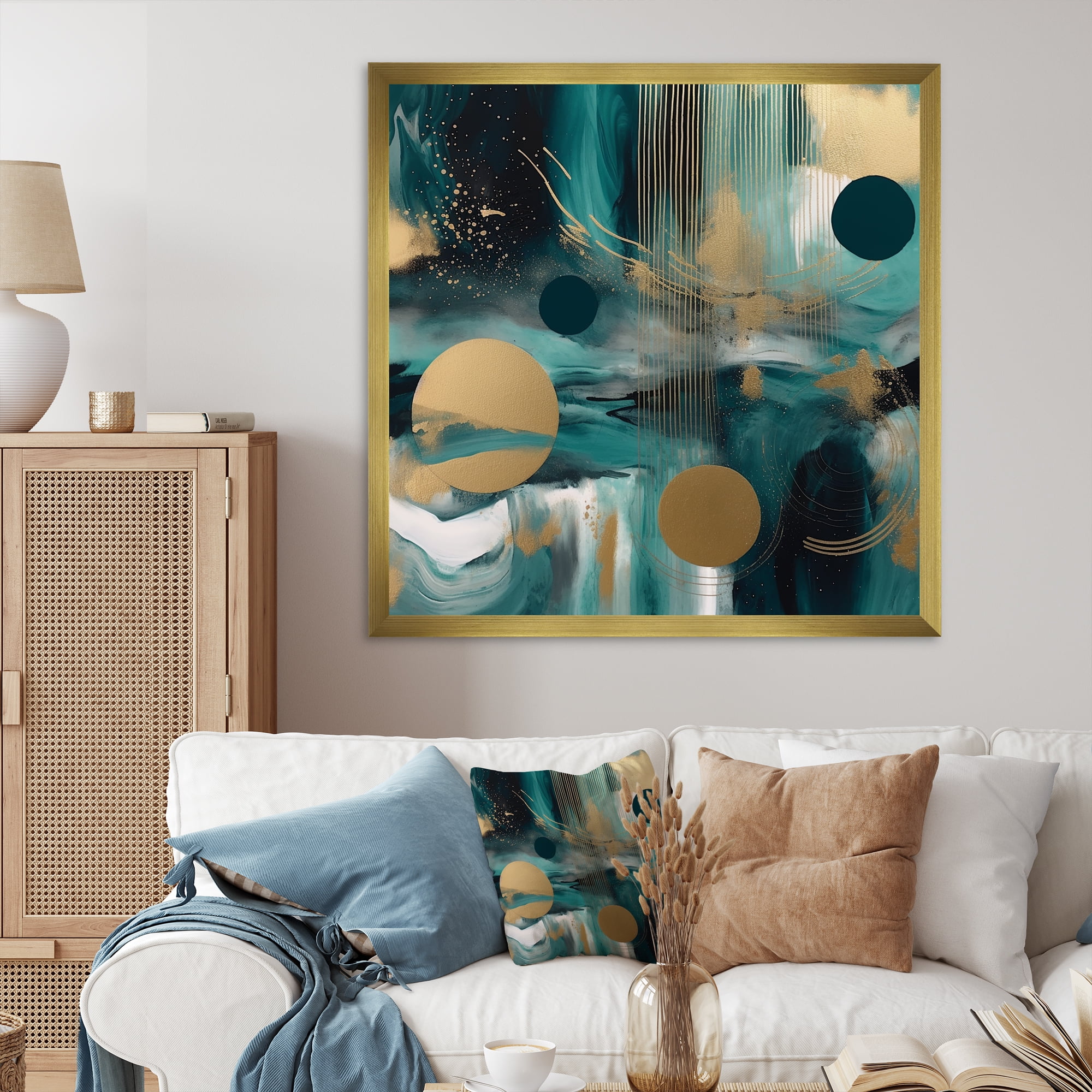 Designart "Contour Circles in Vivid Emerald and Gold IV" Abstract ...