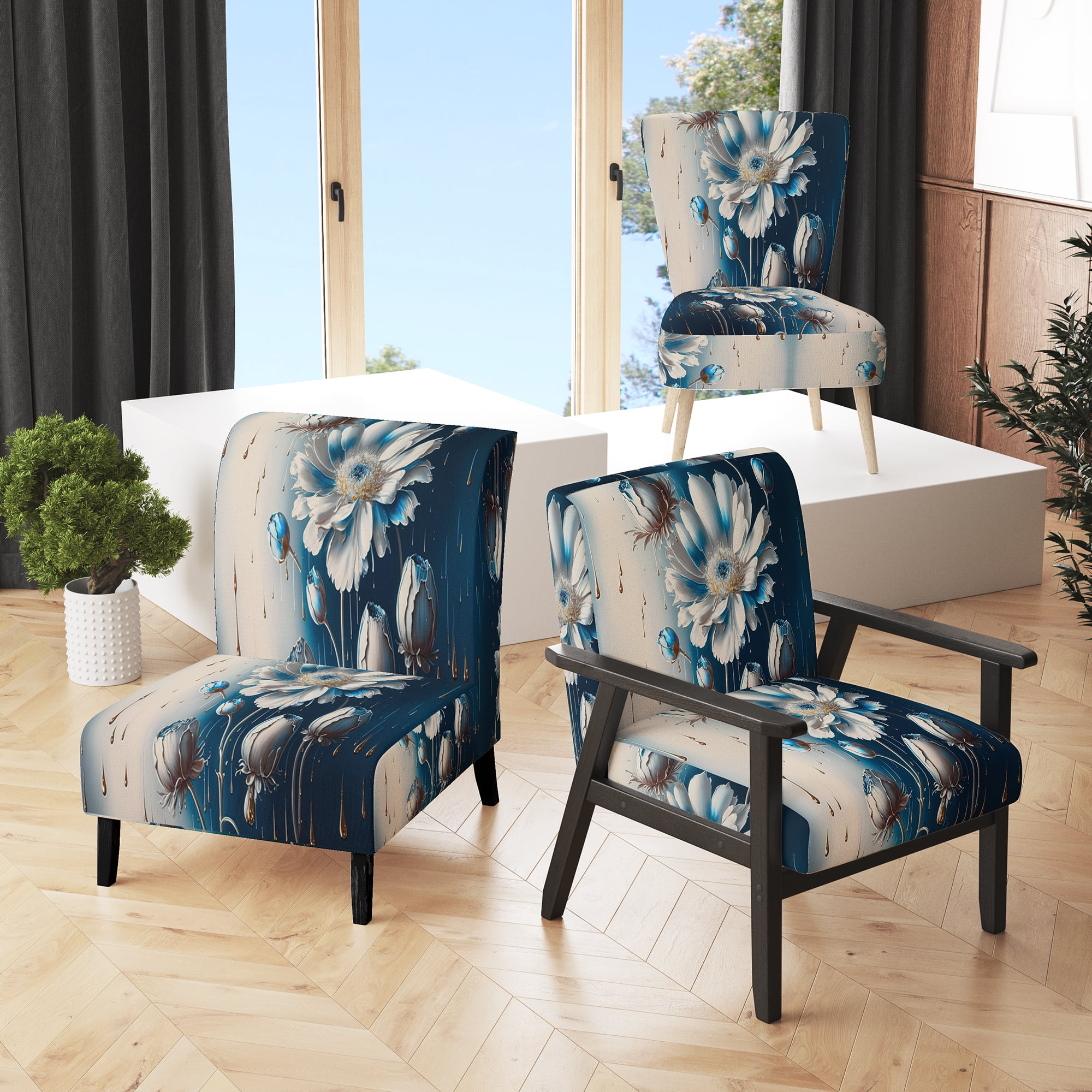 Designart "Cool Blue Daisy II" Blue Floral & Botanical Upholstered ...