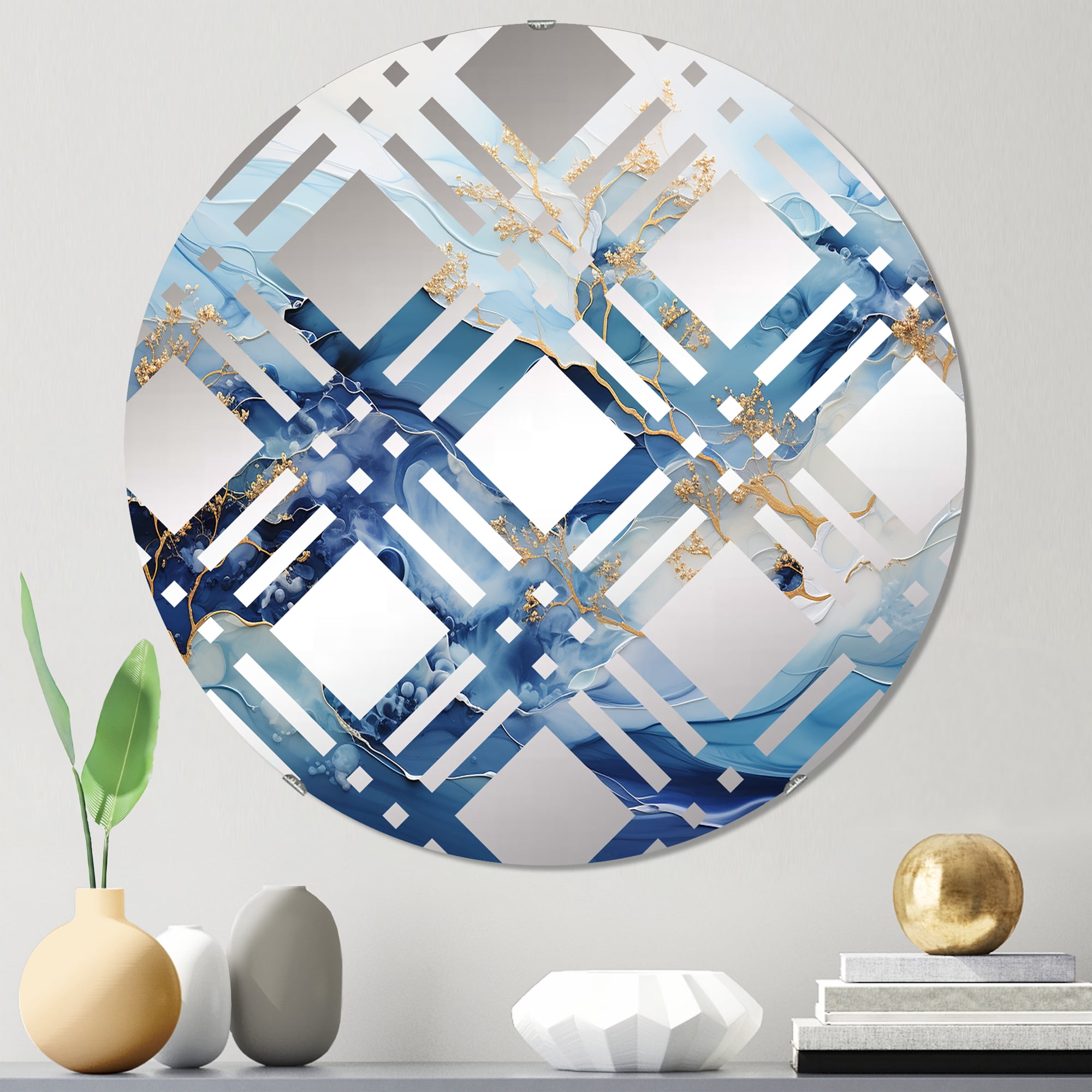 Designart "Cool Tone Alcohol Ink Fantasy" Abstract Shapes Plaid Round ...