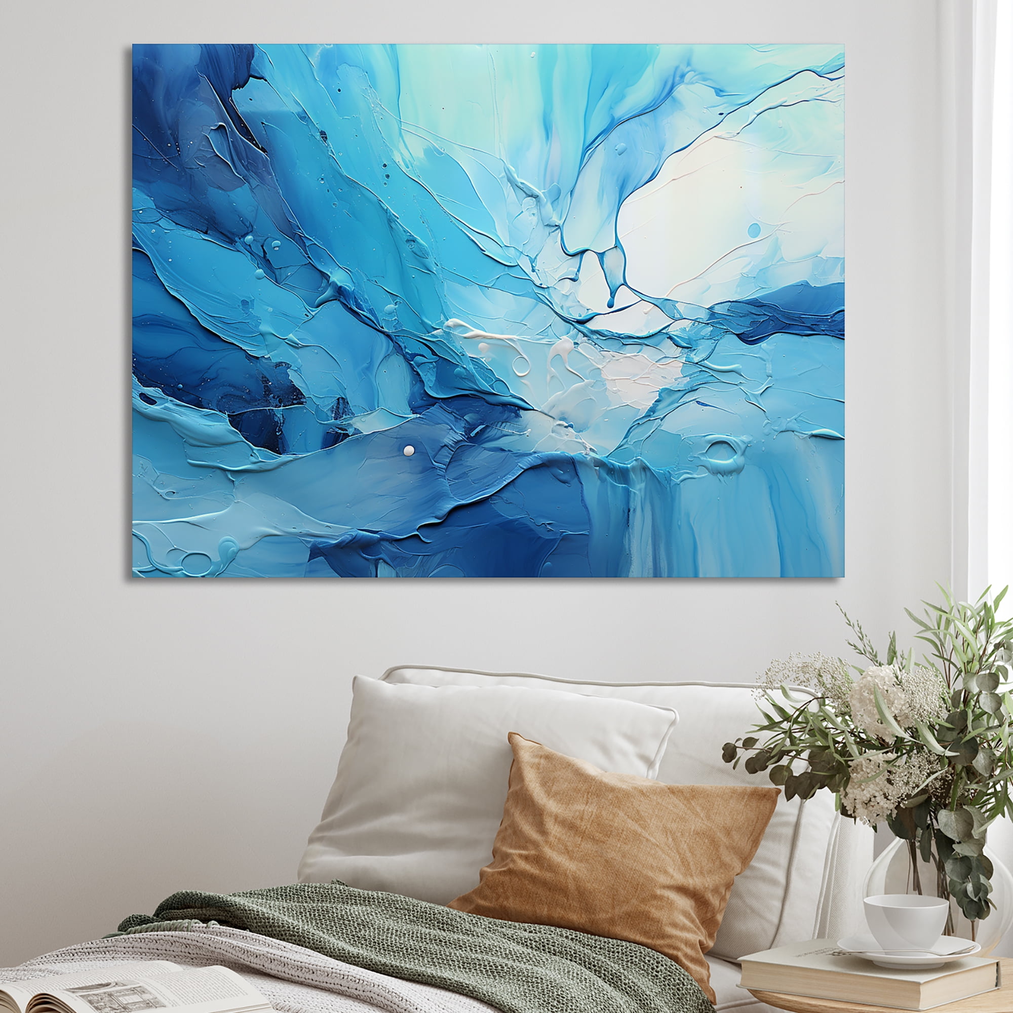 Designart "Cool Waters In Blue And White Drip I" Drip Painting Wall Art ...