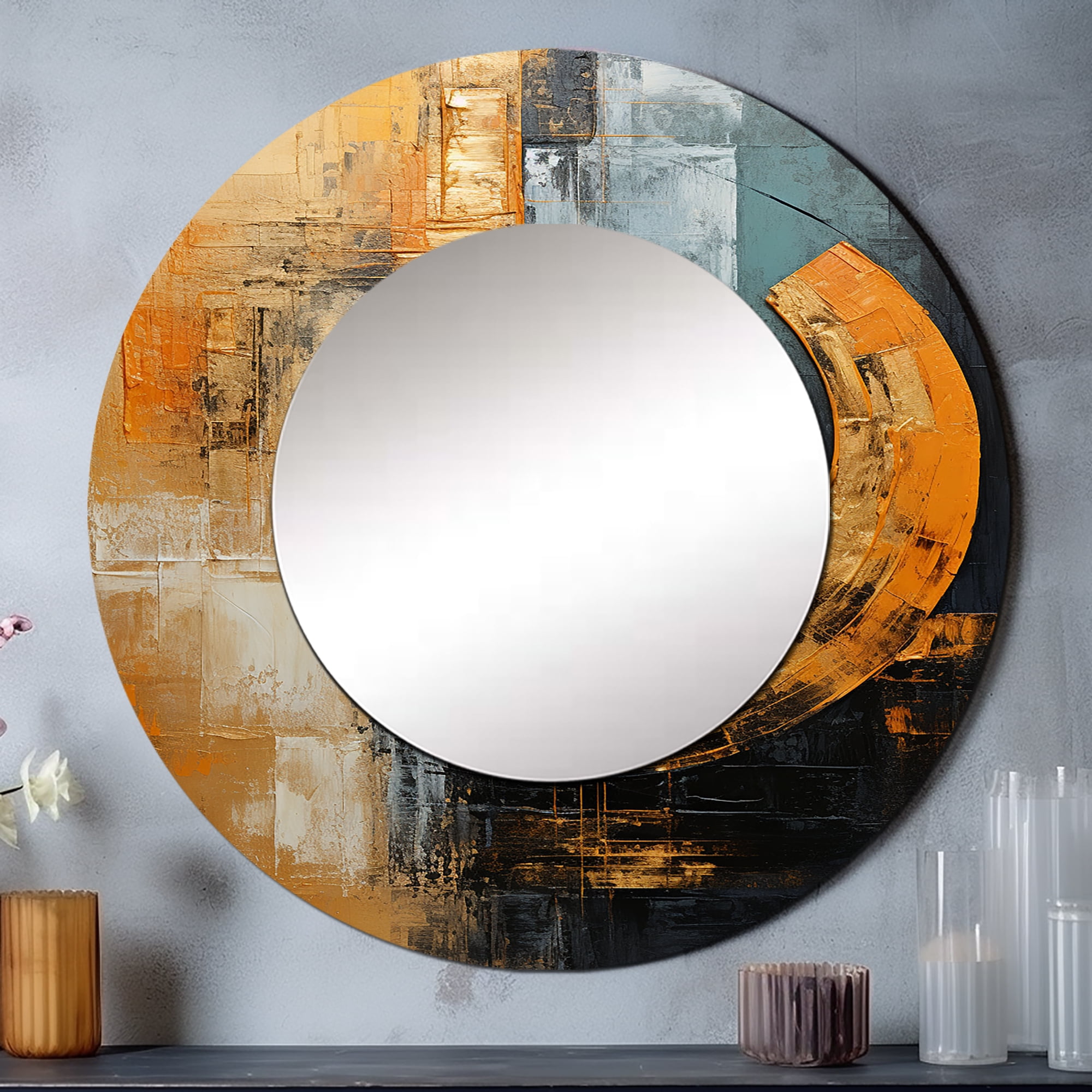Designart "Copper Crescents In Black" Abstract Shapes Rund Mirror For ...