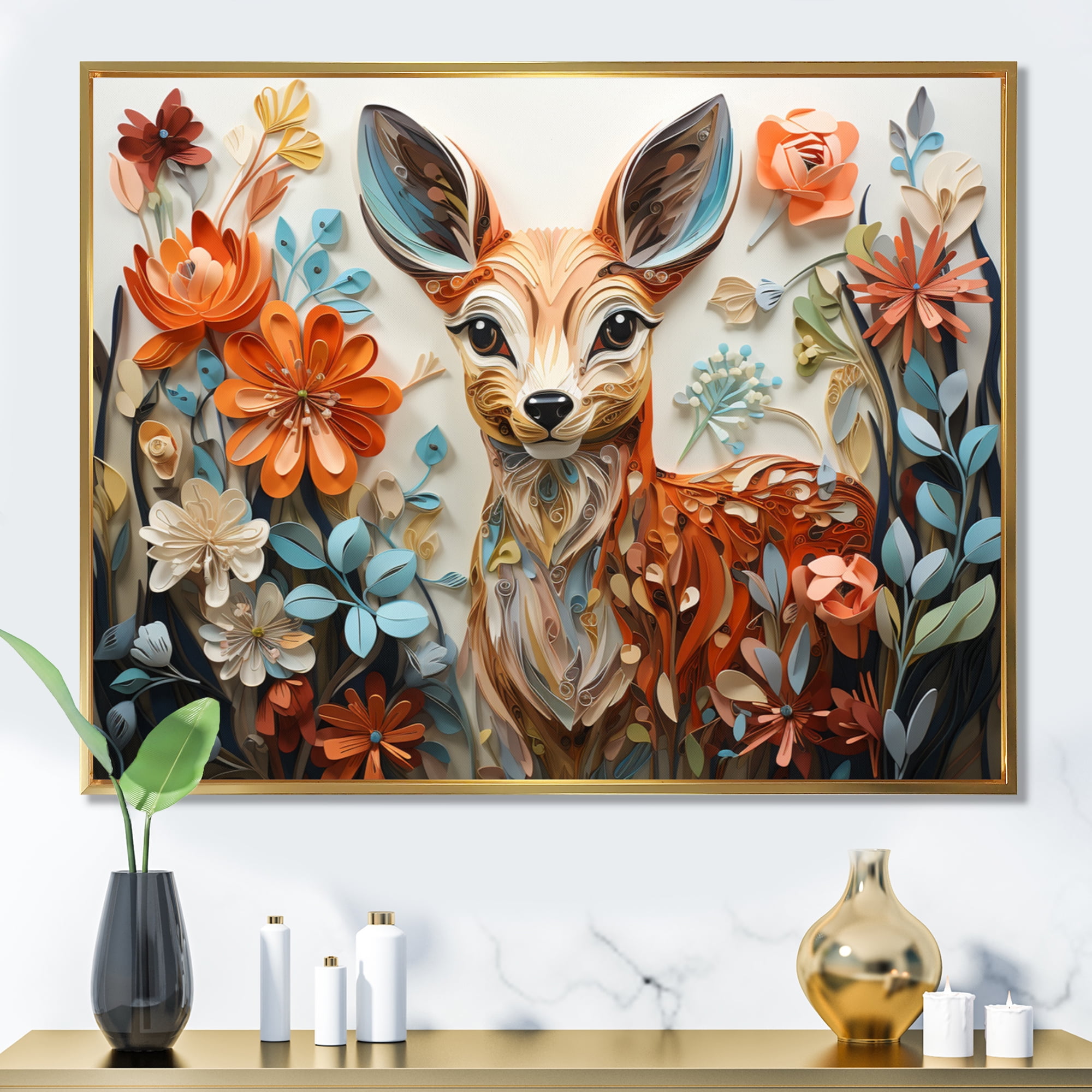 Designart "Coral Blue Line Art curious Animals" Animals Floater Framed ...