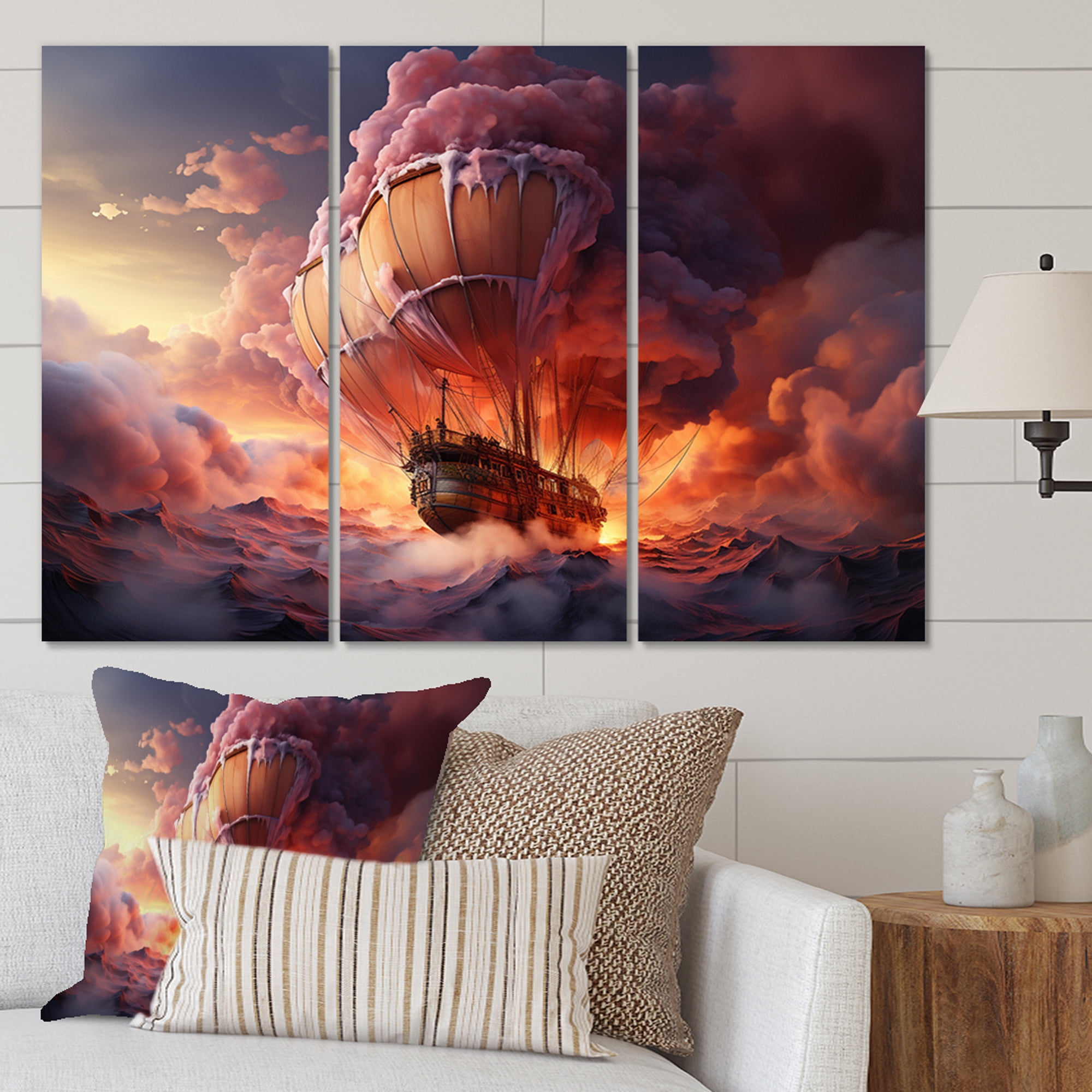 Designart "Coral Hot Air Ballon delicate II" Transportation Metal Wall ...