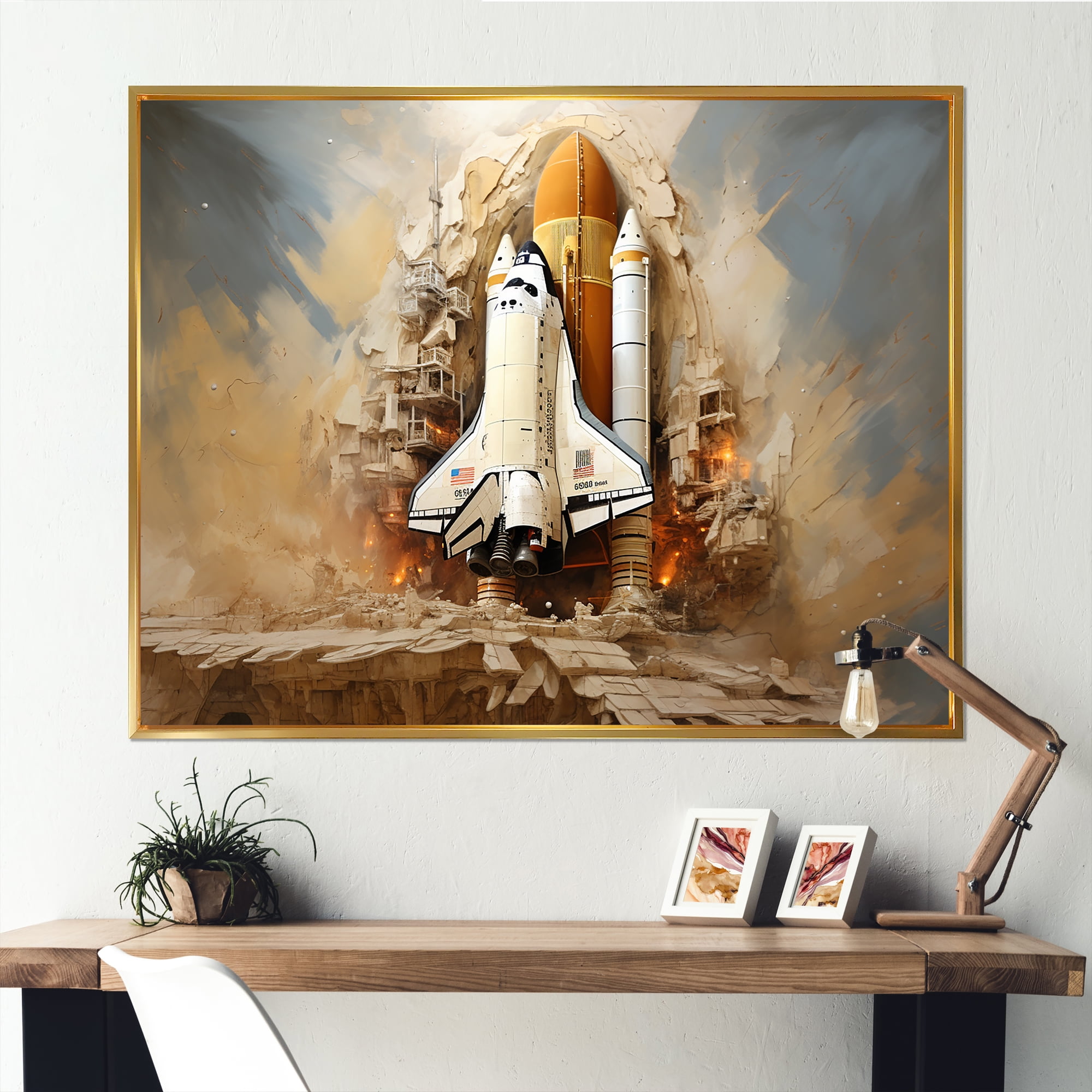Designart "Cosmic Launch Abstract" Space Shuttle Floater Framed Canvas ...