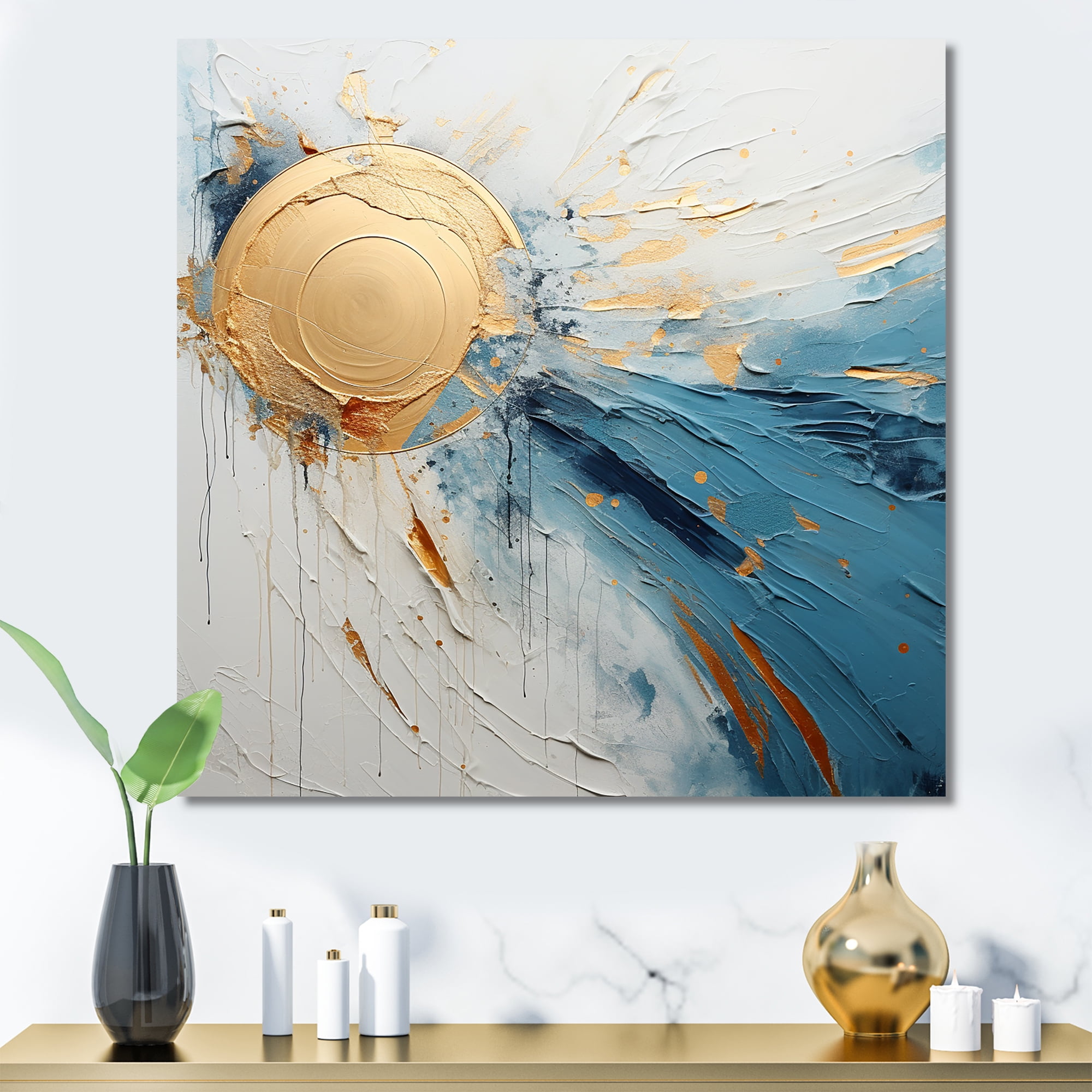 Designart "Cosmic Paint In Gold And Blue" Abstract Painting Wall Decor ...