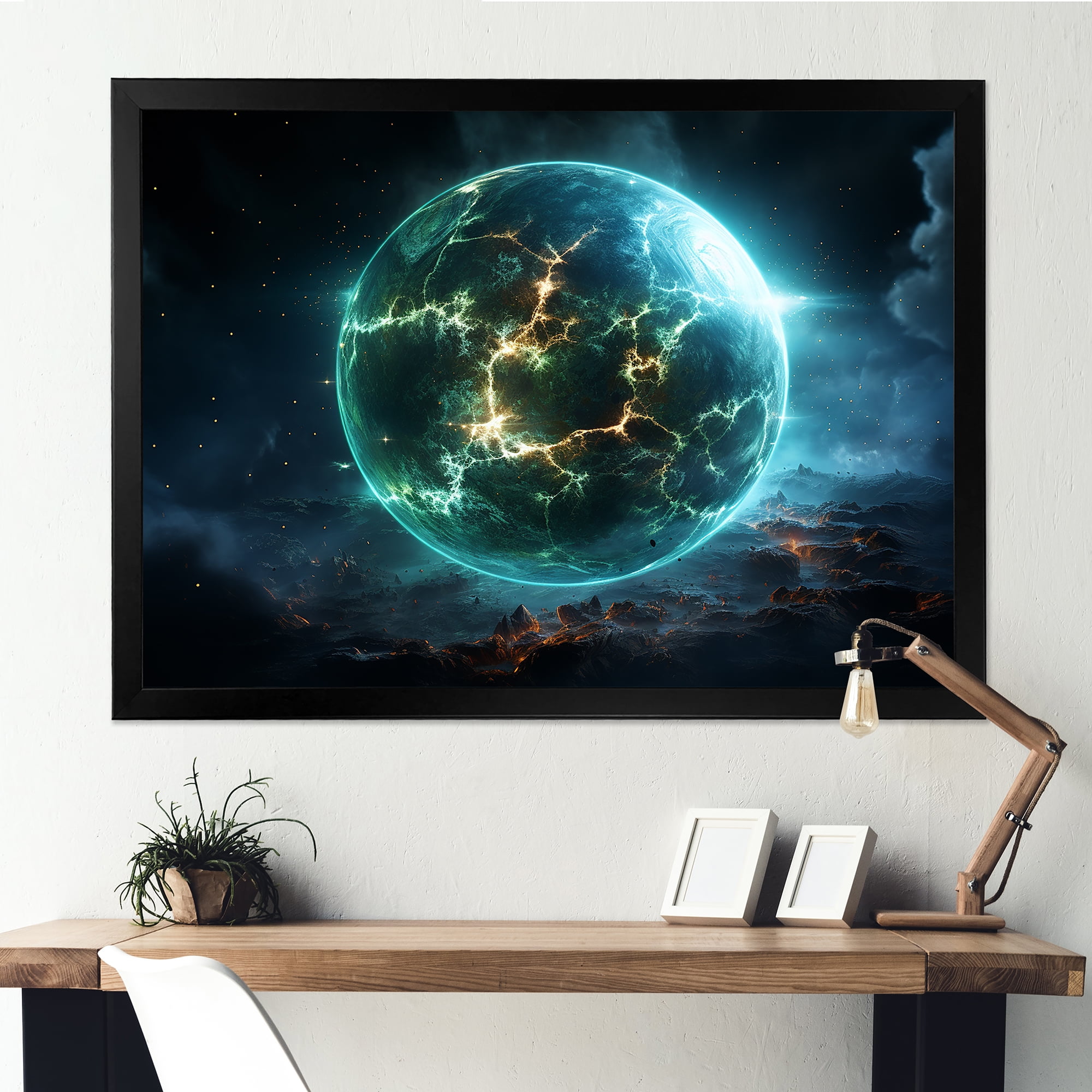Designart "Cosmic Planet Green and Yellow" Astronomy & Space Framed ...