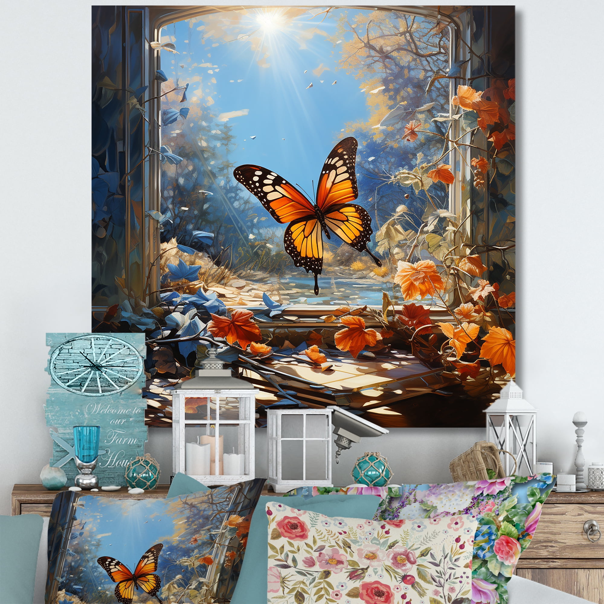 Designart "Cottage with Blue and Orange Butterfly II" Animals Wall Art ...