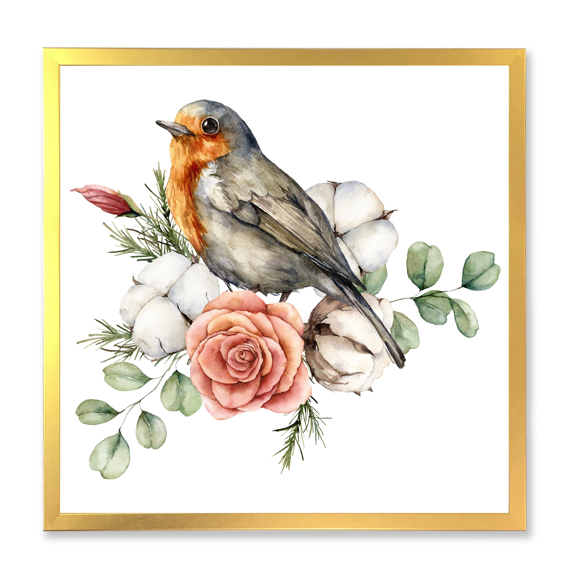 Designart 'Cotton Rose and Leaves With Robin Redbreast' Traditional ...