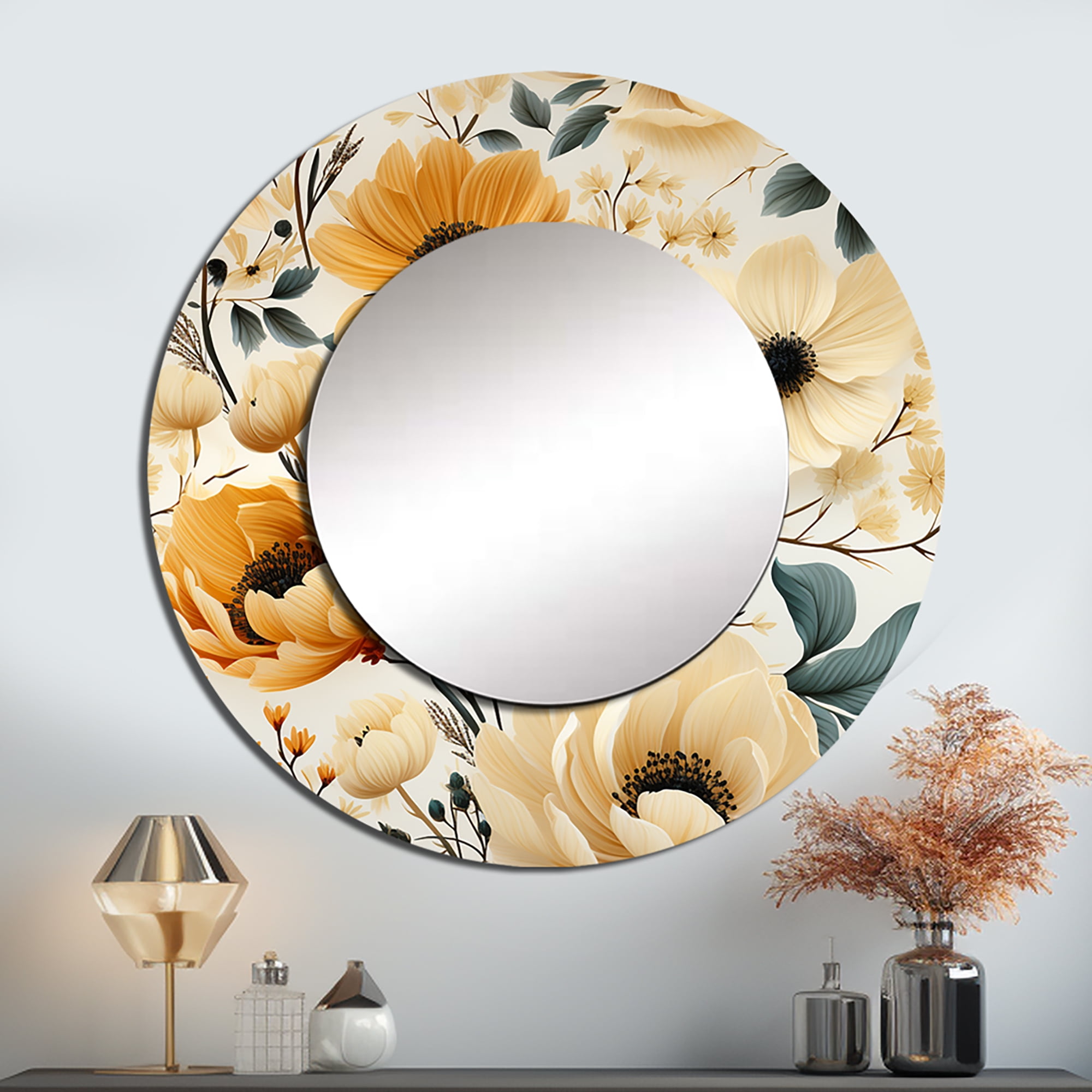Designart "Country Charm Beige Floral Mix I" Floral Rund Mirror For ...