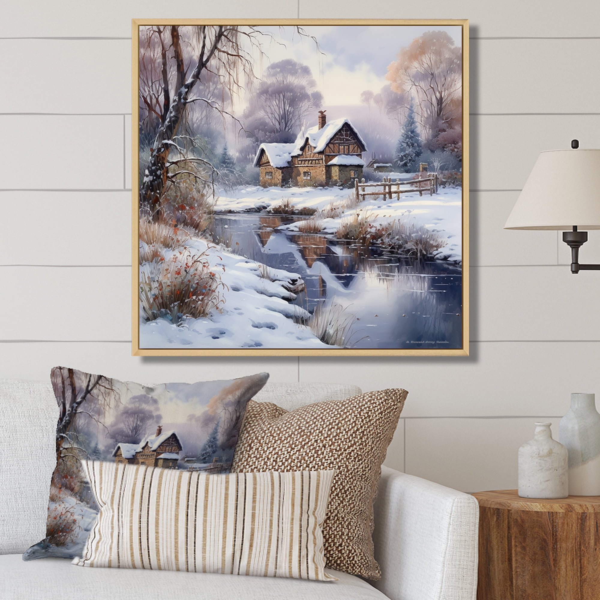 Designart "Country Home Winter Charm" Winter Landscape Floater Framed ...