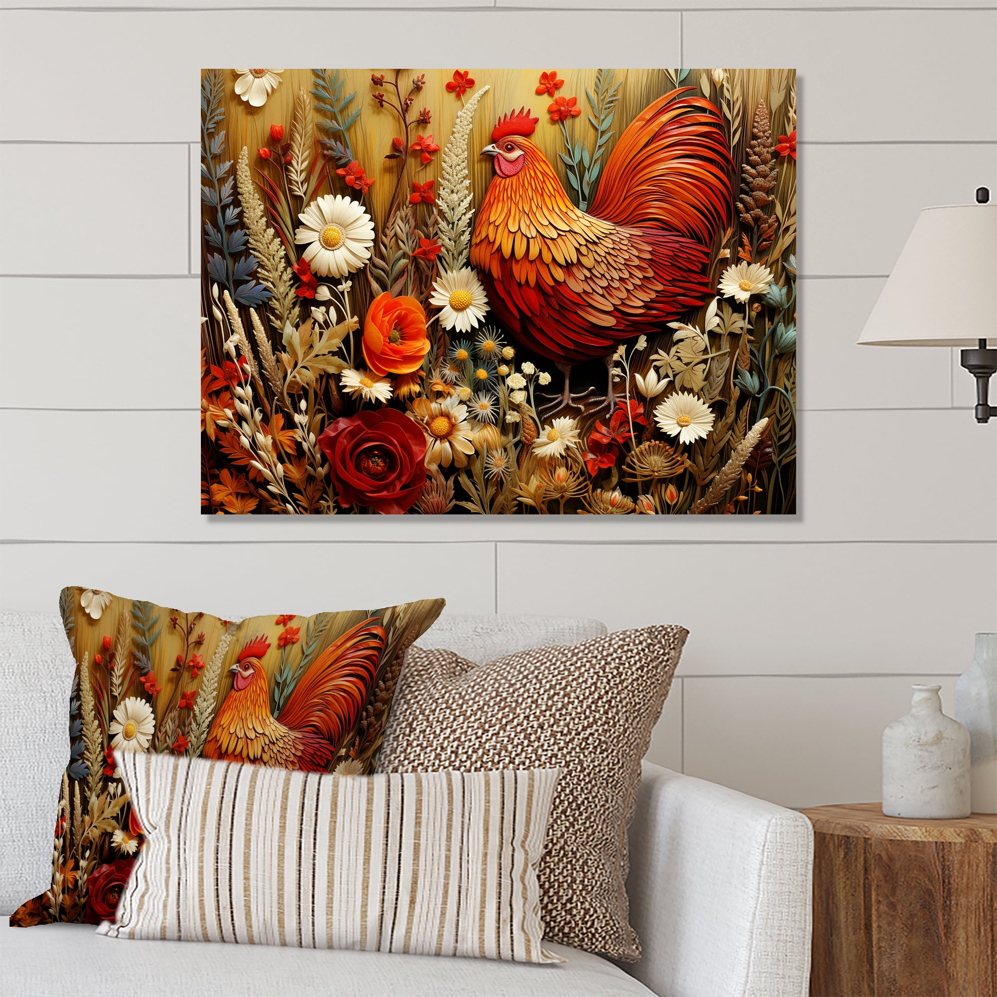 Designart "Country Quill floral Rooster In Red and Green"Chicken Animal ...